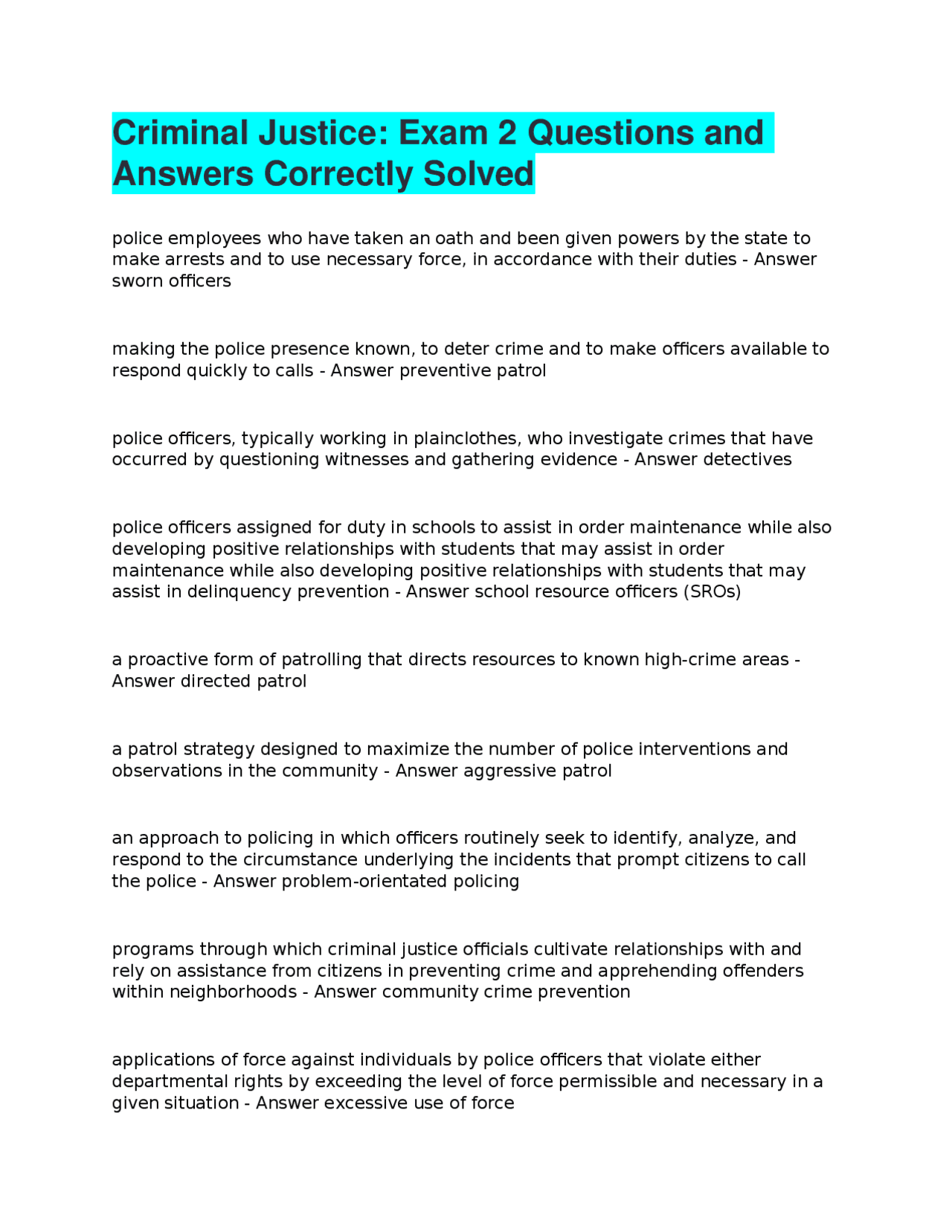 Criminal Justice Exam 2: Questions and Answers | Exams Law | Docsity