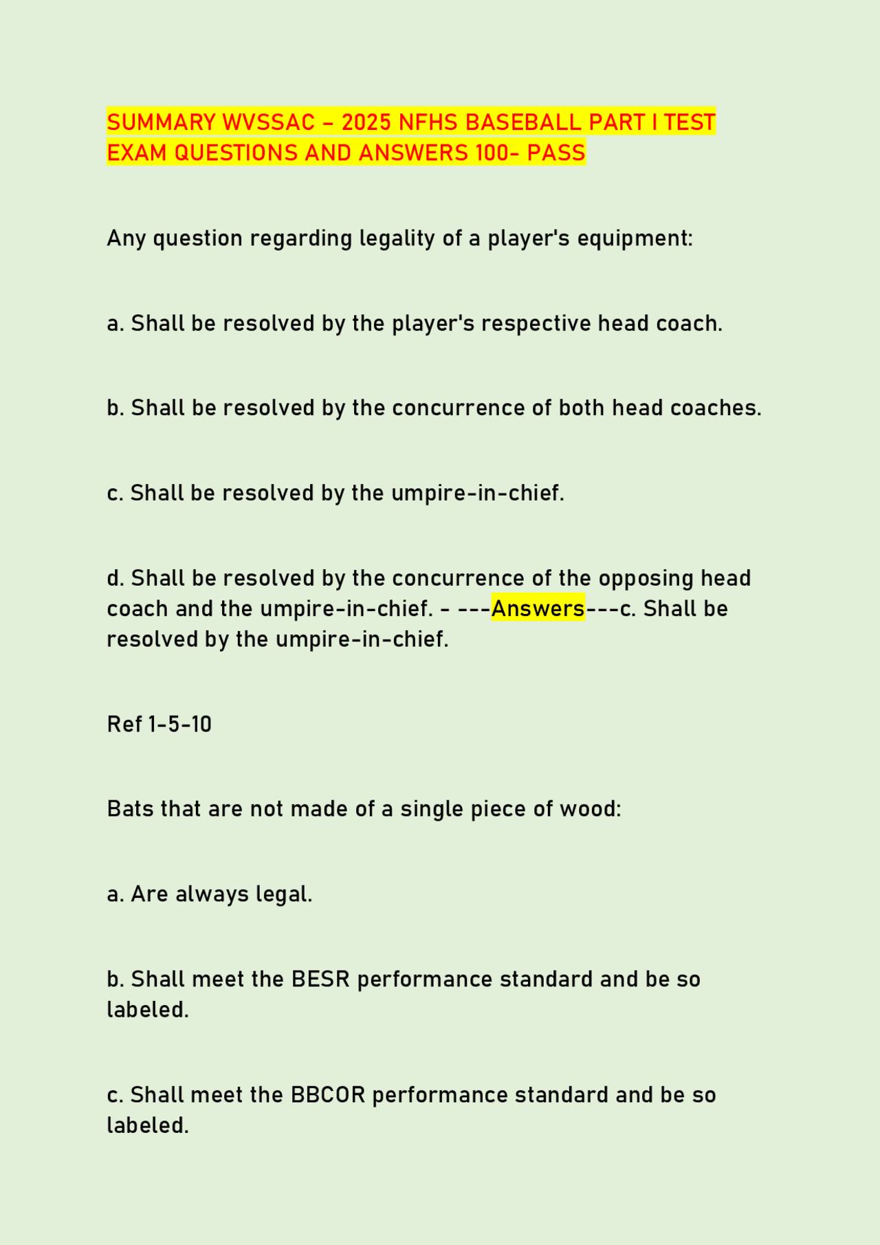 Baseball Rules Exam: WVSSAC & NFHS 2025 Q&A | Exams Sport Studies | Docsity
