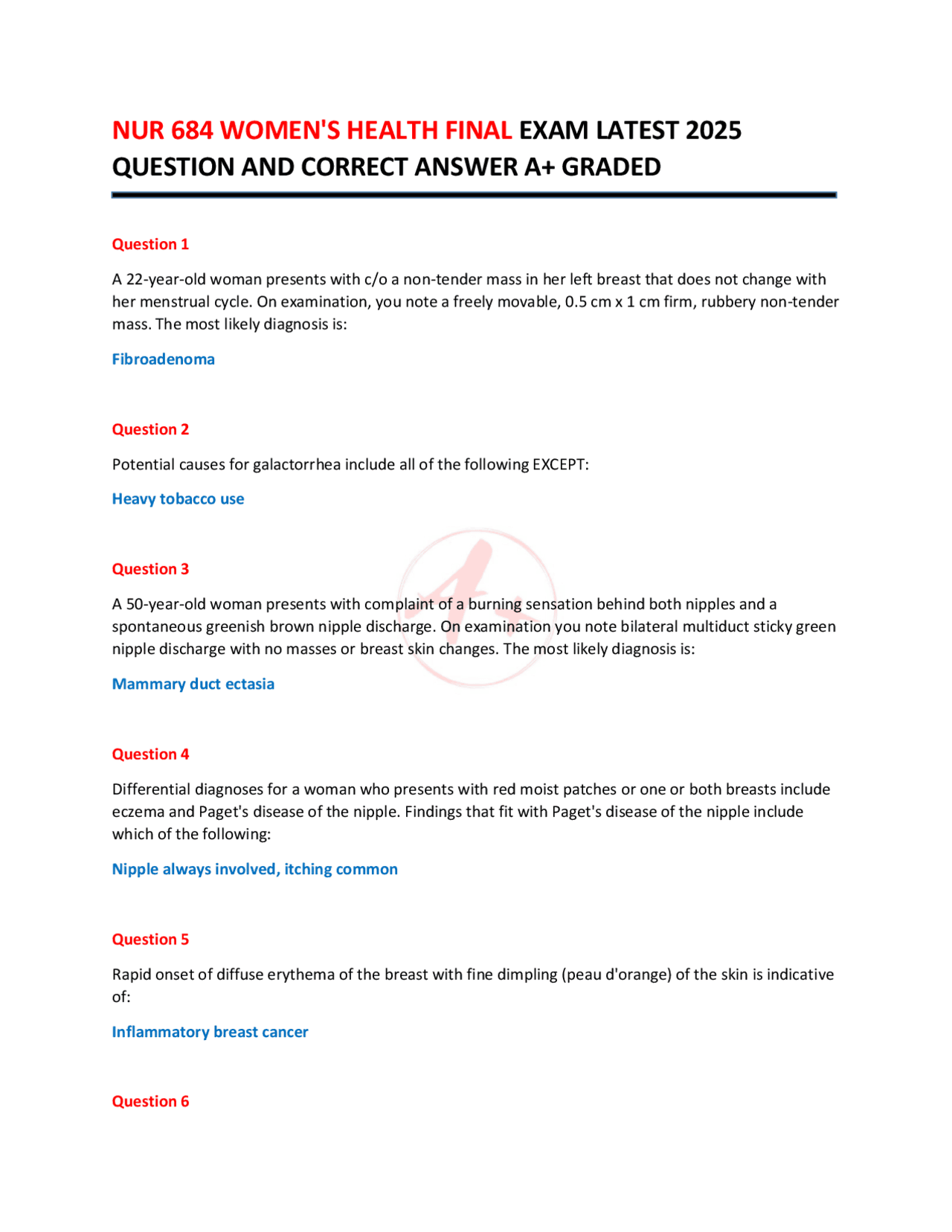 NUR 684 WOMEN'S HEALTH FINAL EXAM LATEST 2025 QUESTION AND CORRECT ...