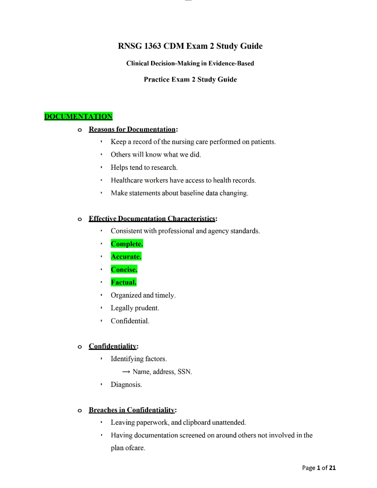 RNSG 1363 CDM Exam 2 Study Guide Clinical Decision-Making in Evidence ...