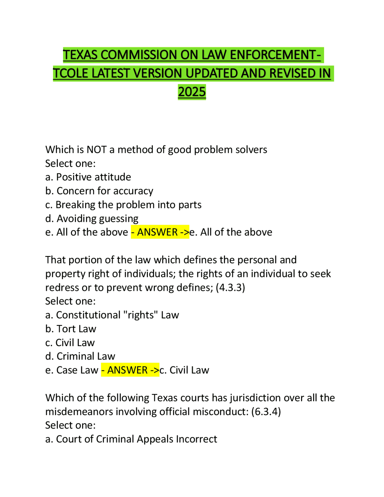 TCOLE Exam Questions and Answers: Texas Law Enforcement Review | Exams ...