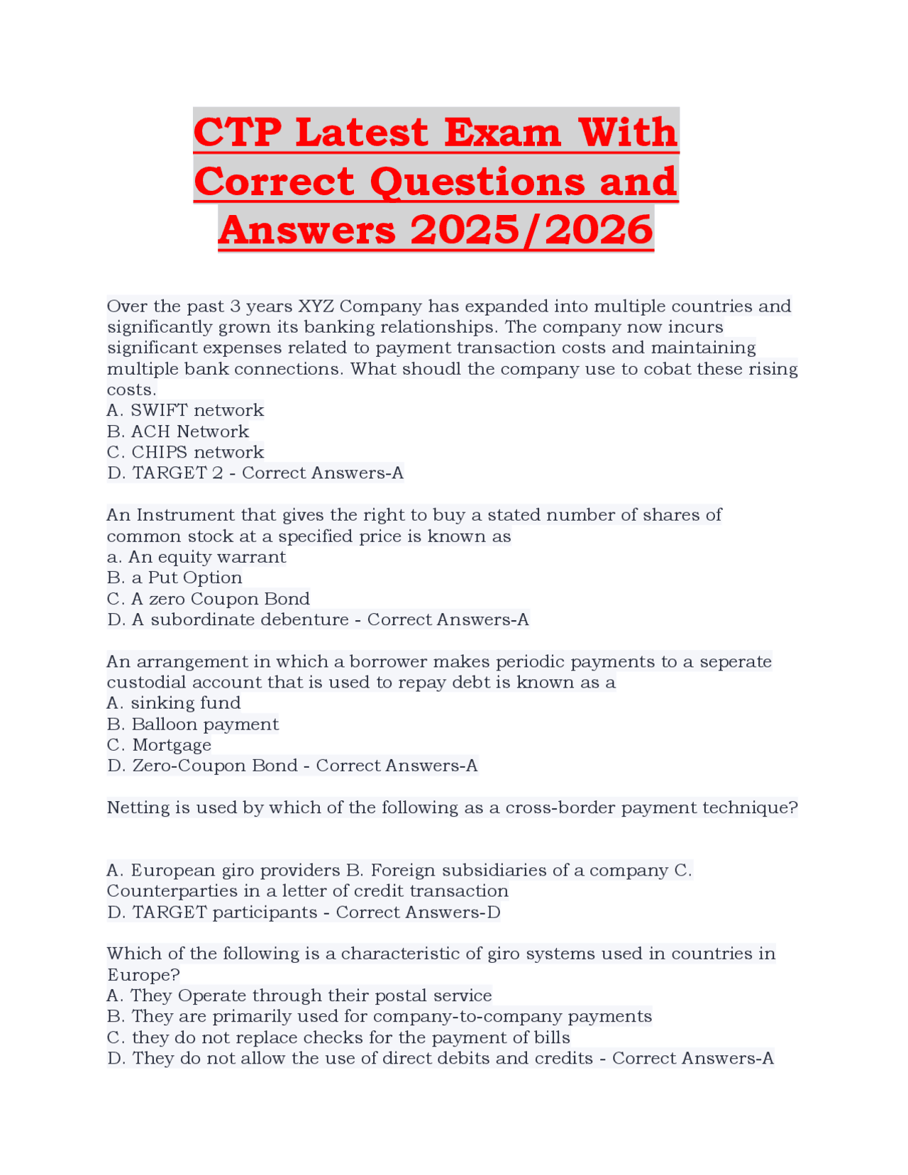 CTP Latest Exam – Updated Questions and Answers 2025/2026 | Exams ...