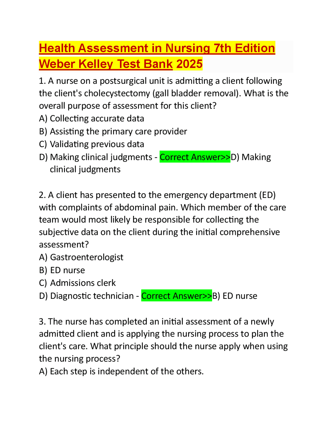 Health Assessment in Nursing 7th Edition Weber Kelley Test Bank 2025 ...