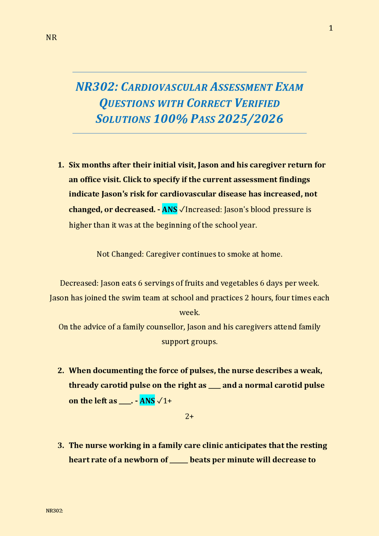 NR302: CARDIOVASCULAR ASSESSMENT EXAM QUESTIONS WITH CORRECT VERIFIED ...