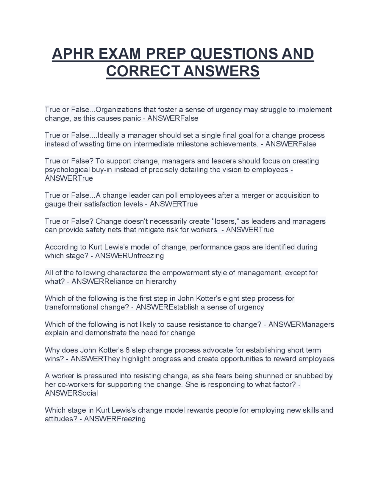 APHR EXAM PREP QUESTIONS AND CORRECT ANSWERS | Exams Advanced Education ...