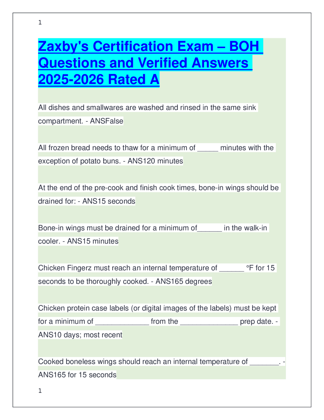 Zaxby's Certification Exam – BOH Questions and Answers 2025-2026 ...