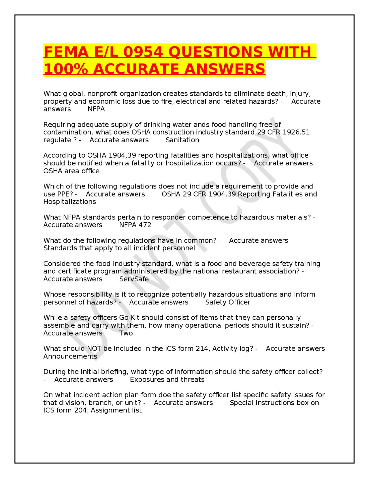 FEMA E/L 0954: Safety and Emergency Response Q&A | Exams Public Health ...