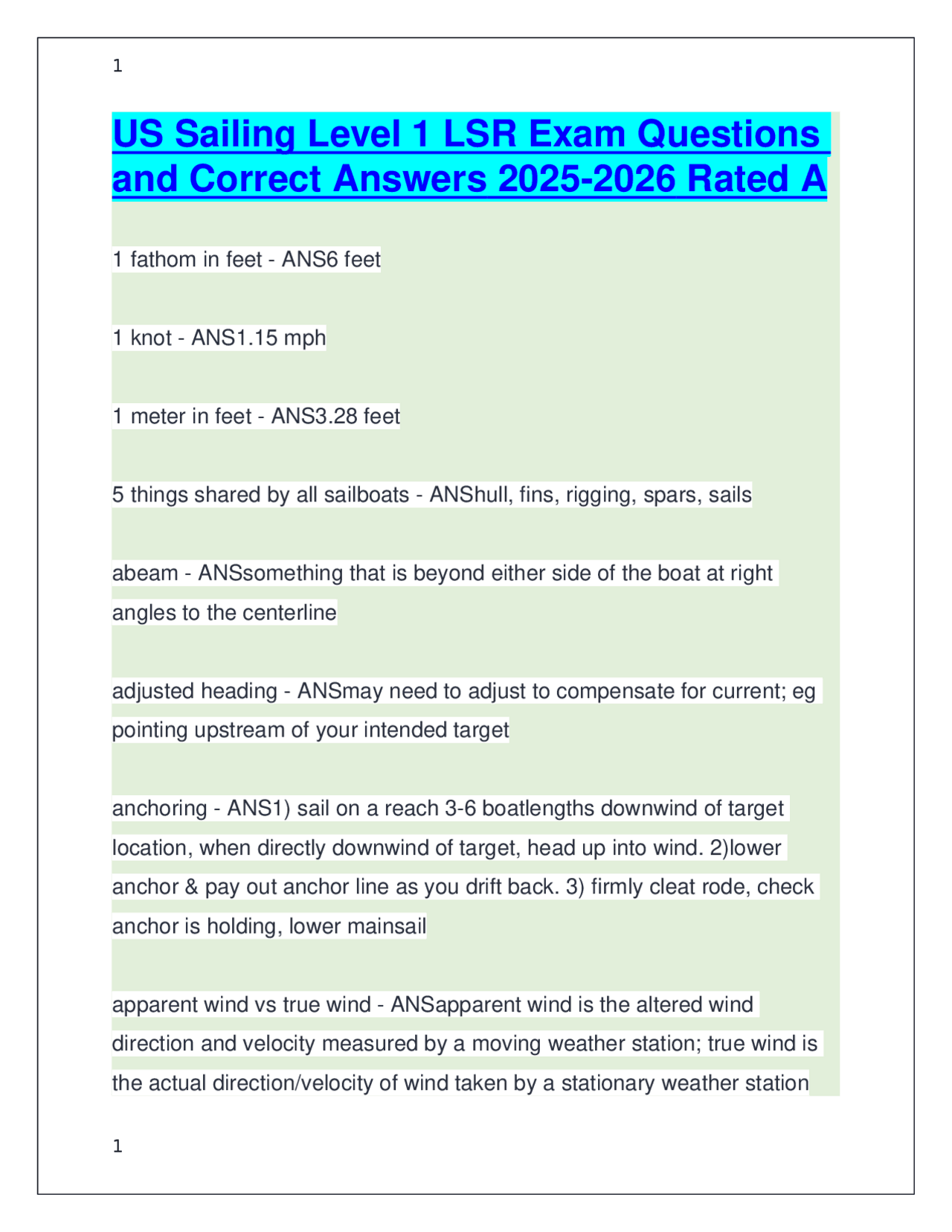 US Sailing Level 1 LSR Exam Questions and Correct Answers 2025-2026 ...