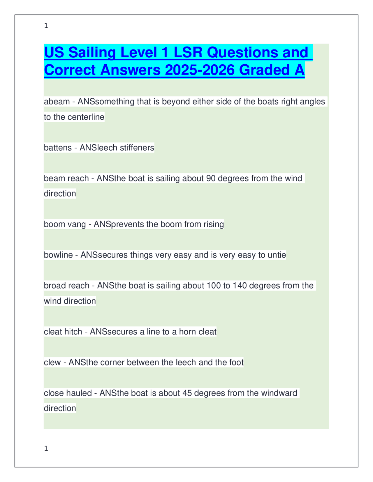 US Sailing Level 1 LSR Questions and Answers 2025-2026 Graded A | Exams ...
