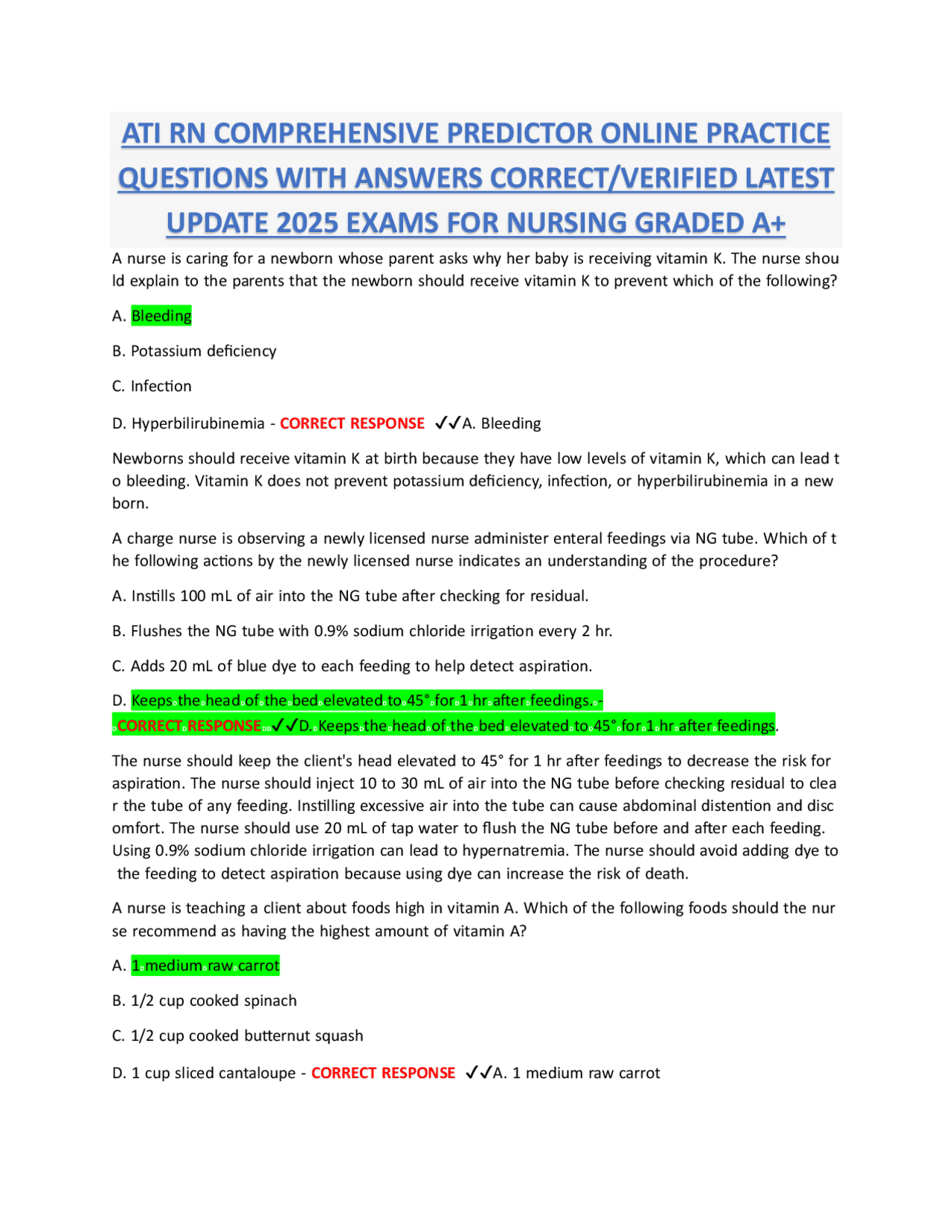 ATI RN COMPREHENSIVE PREDICTOR ONLINE PRACTICE QUESTIONS WITH ANSWERS ...