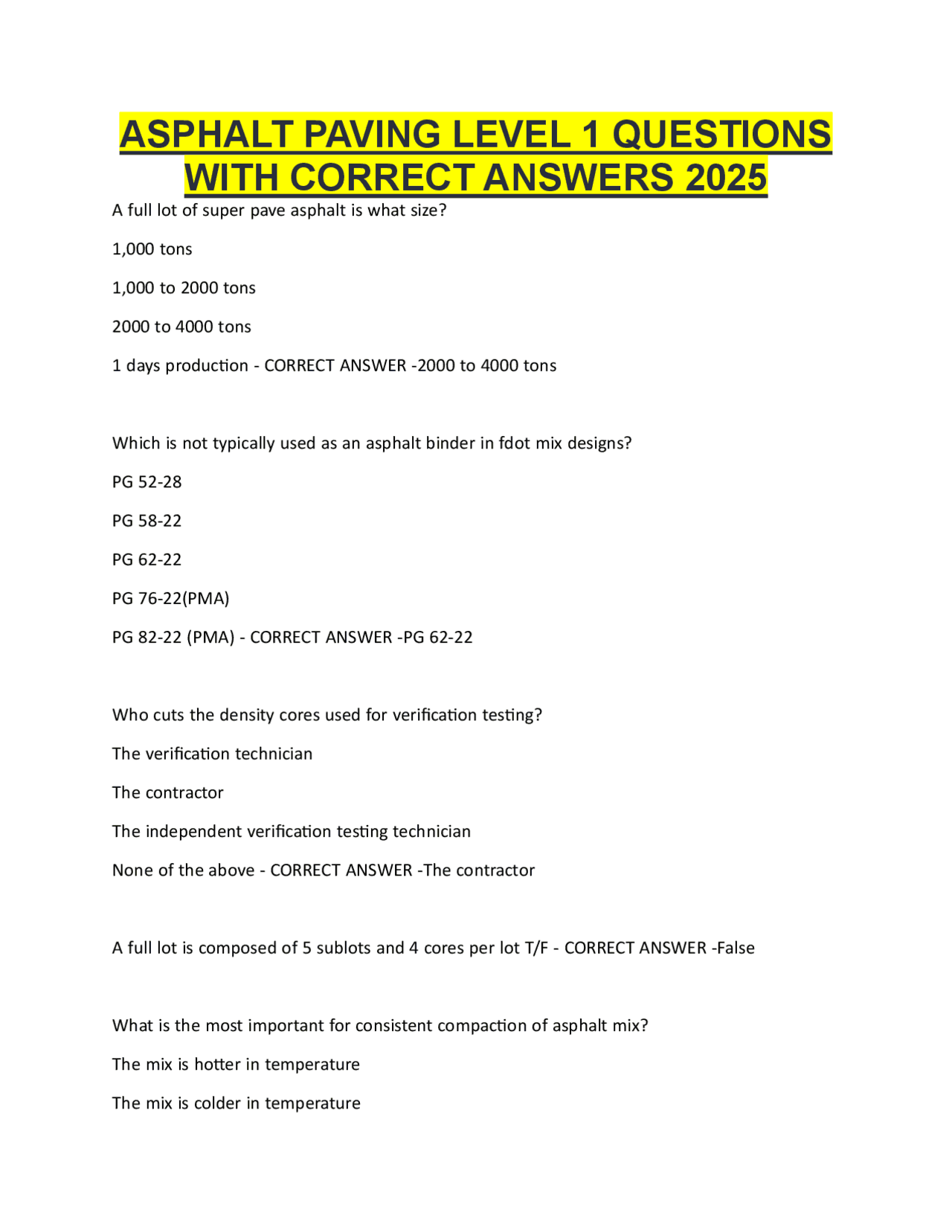 ASPHALT PAVING LEVEL 1 QUESTIONS WITH CORRECT | Exams Nursing | Docsity