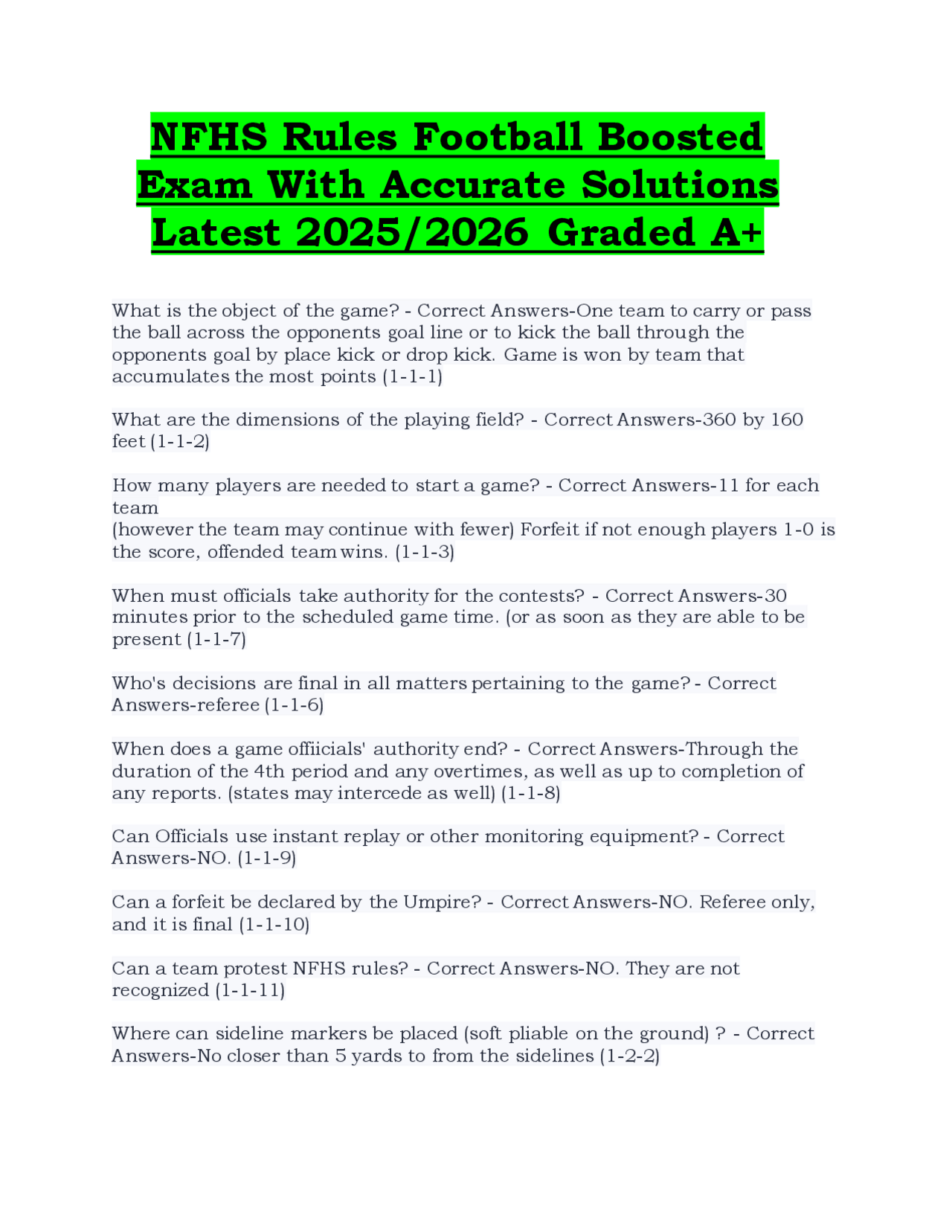 NFHS Rules Football Boosted Exam – Verified Questions and Answers 2025/ ...
