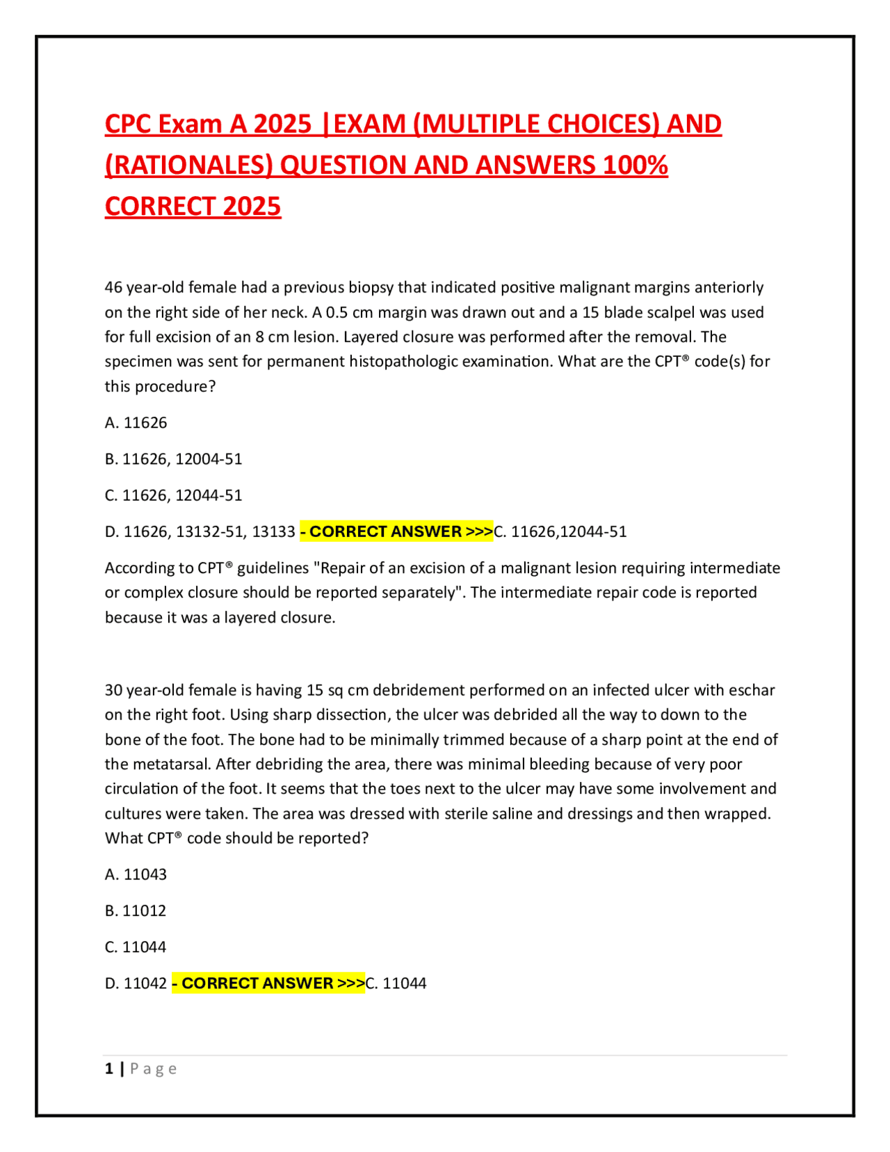 CPC Exam A 2025 |EXAM (MULTIPLE CHOICES) AND (RATIONALES) QUESTION AND ...