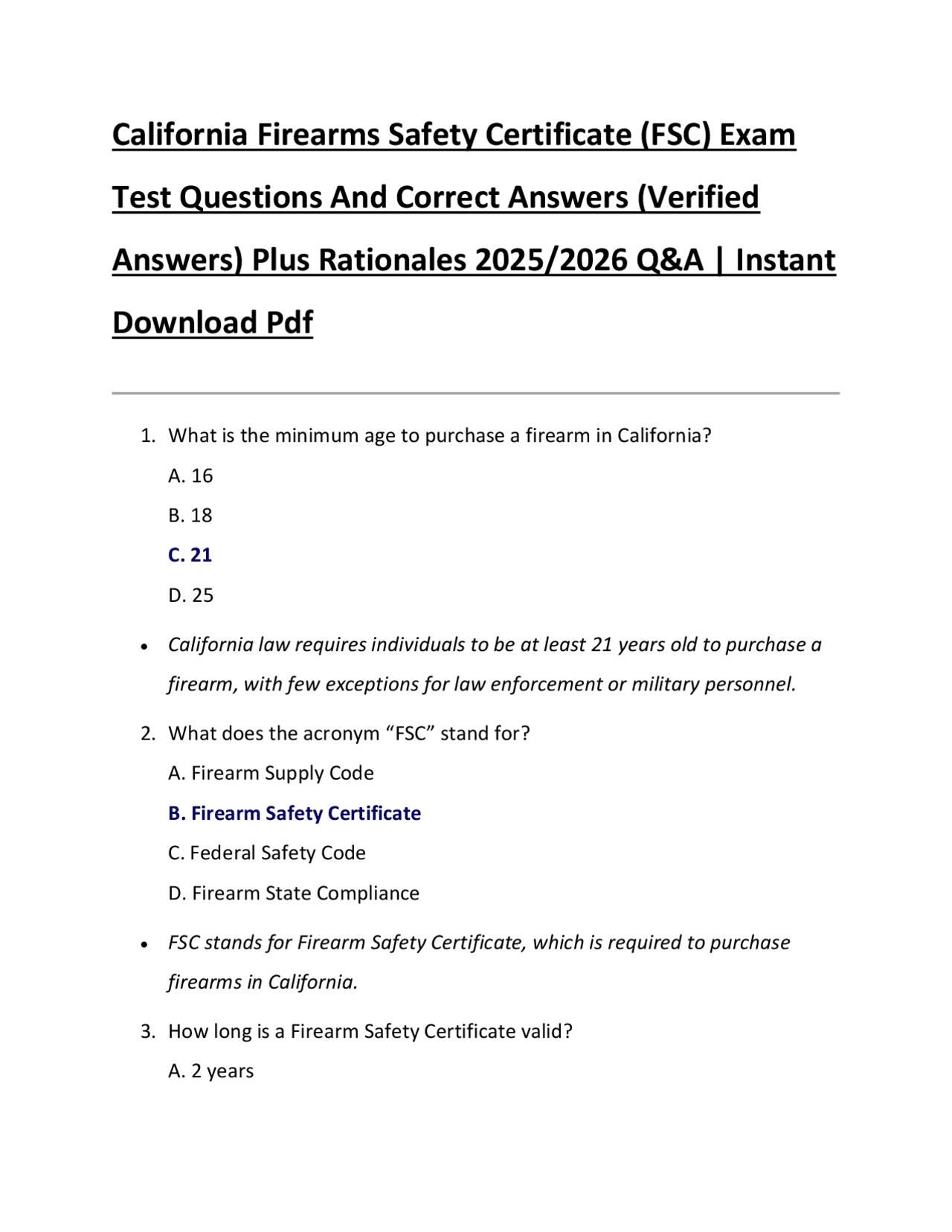 California Firearms Safety Certificate (FSC) Exam Q&A 2025/2026 | Exams ...