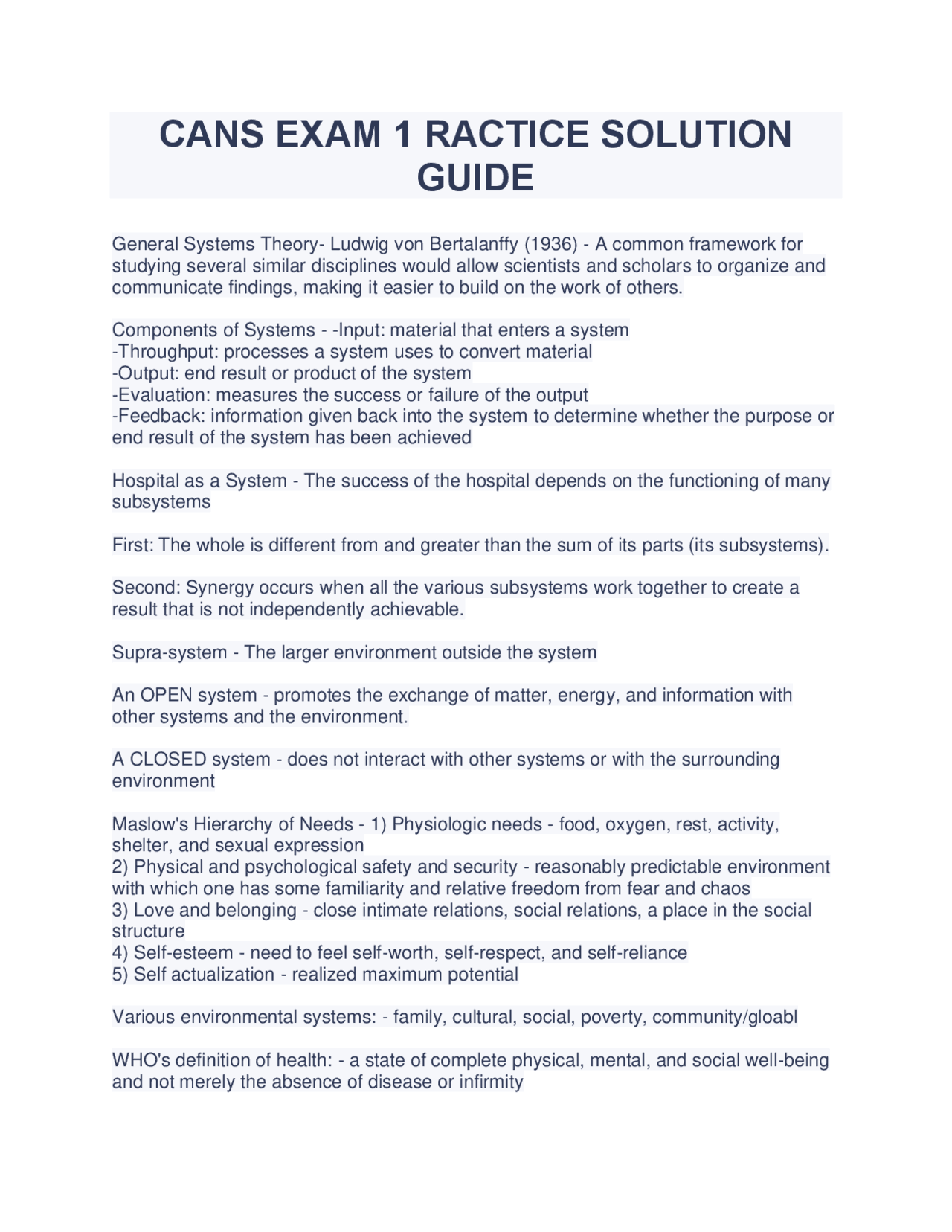 CANS Exam 1 Practice Solution Guide 2025/2026 | Exams Nursing | Docsity