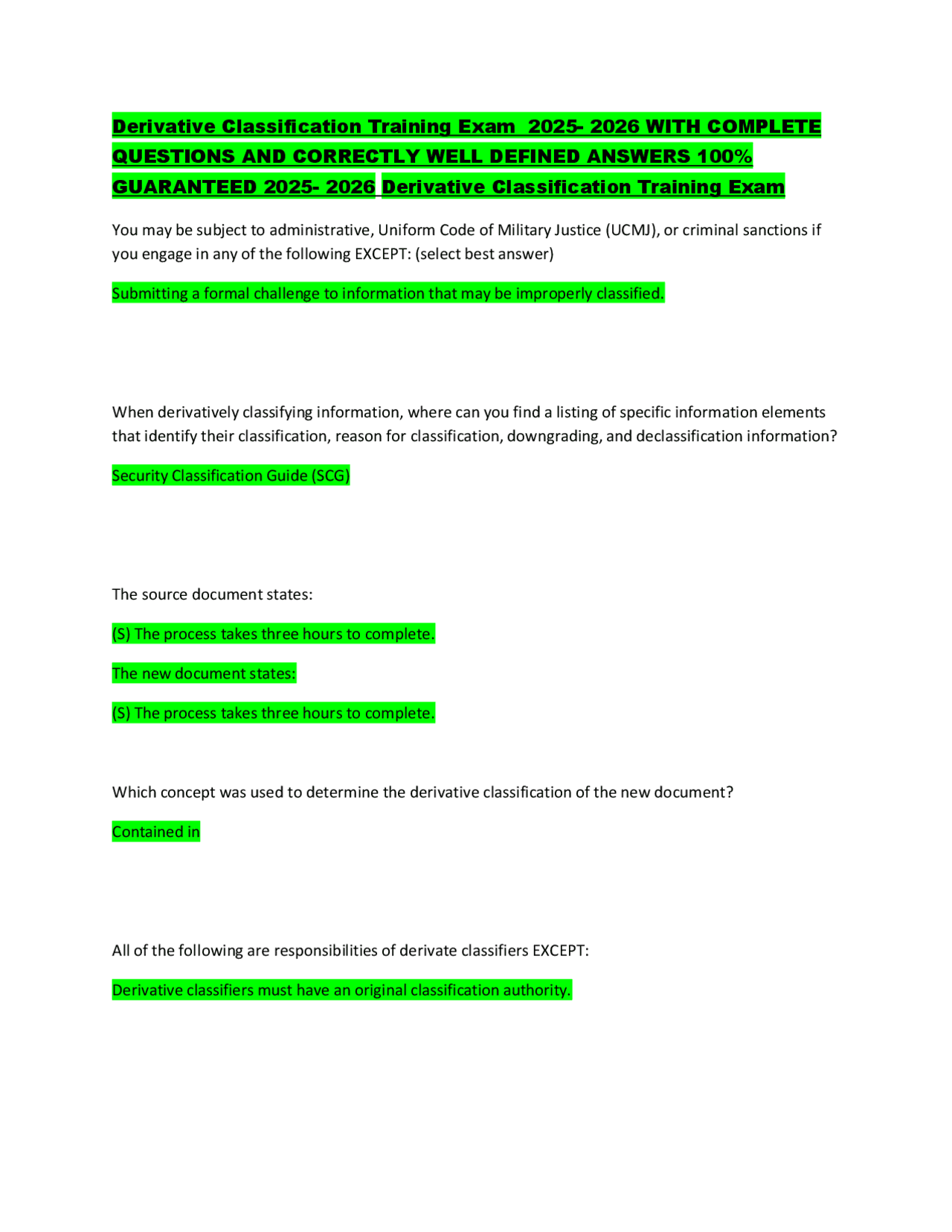 Derivative Classification Training Exam 2025- 2026 WITH COMPLETE ...