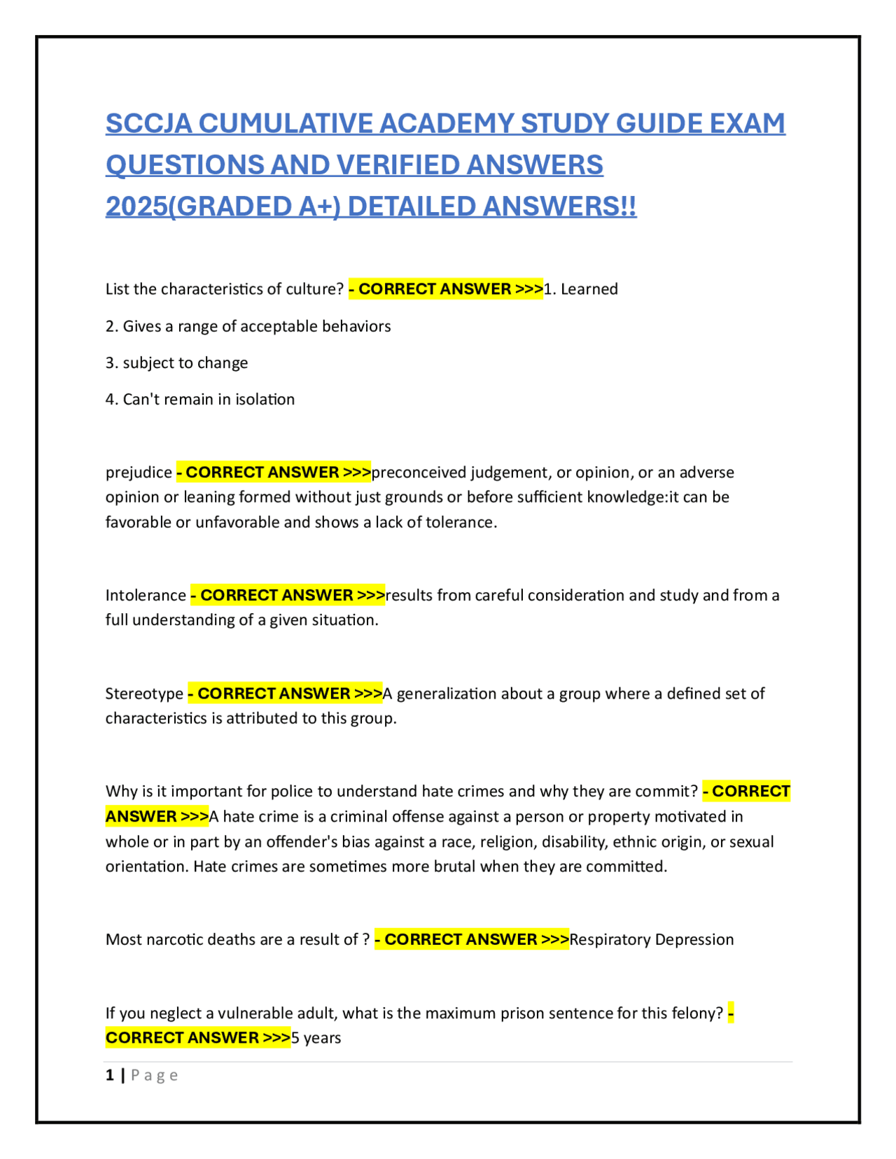 SCCJA CUMULATIVE ACADEMY STUDY GUIDE EXAM QUESTIONS AND VERIFIED ...