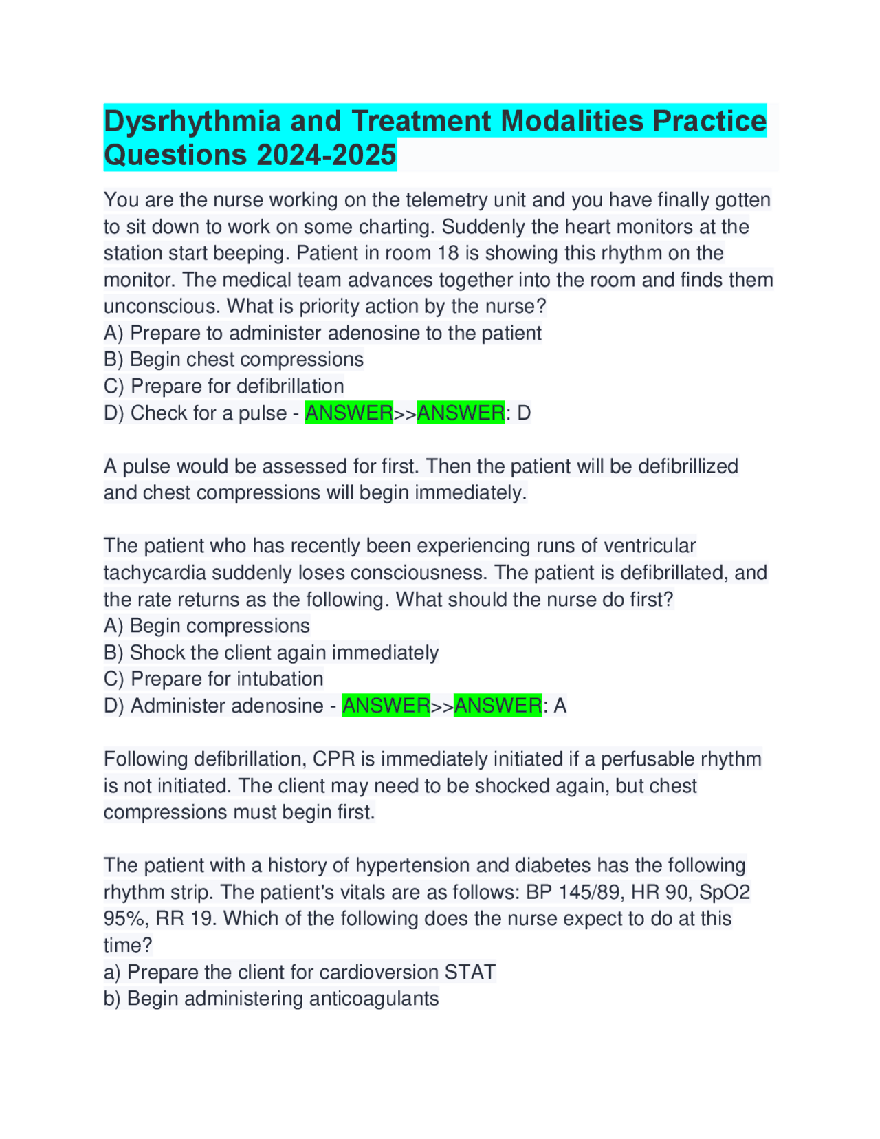 Dysrhythmia and Treatment Modalities Practice Questions 2024-2025 | Exams Health sciences | Docsity