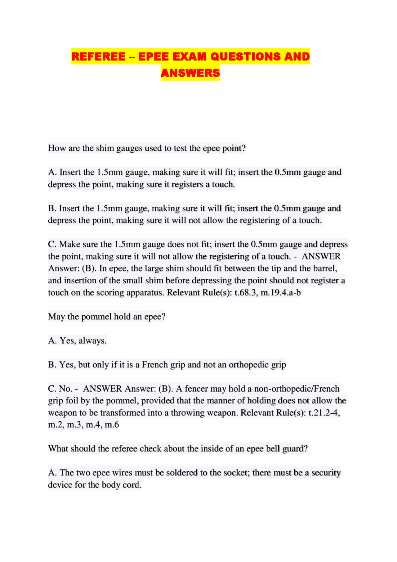 REFEREE – EPEE EXAM QUESTIONS AND ANSWERS | Exams Advanced Education ...