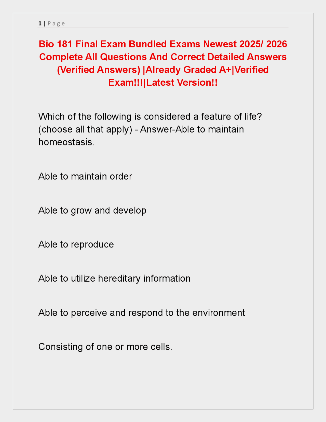 Bio 181 Final Exam Bundled Exams Newest 2025/ 2026 Complete All ...