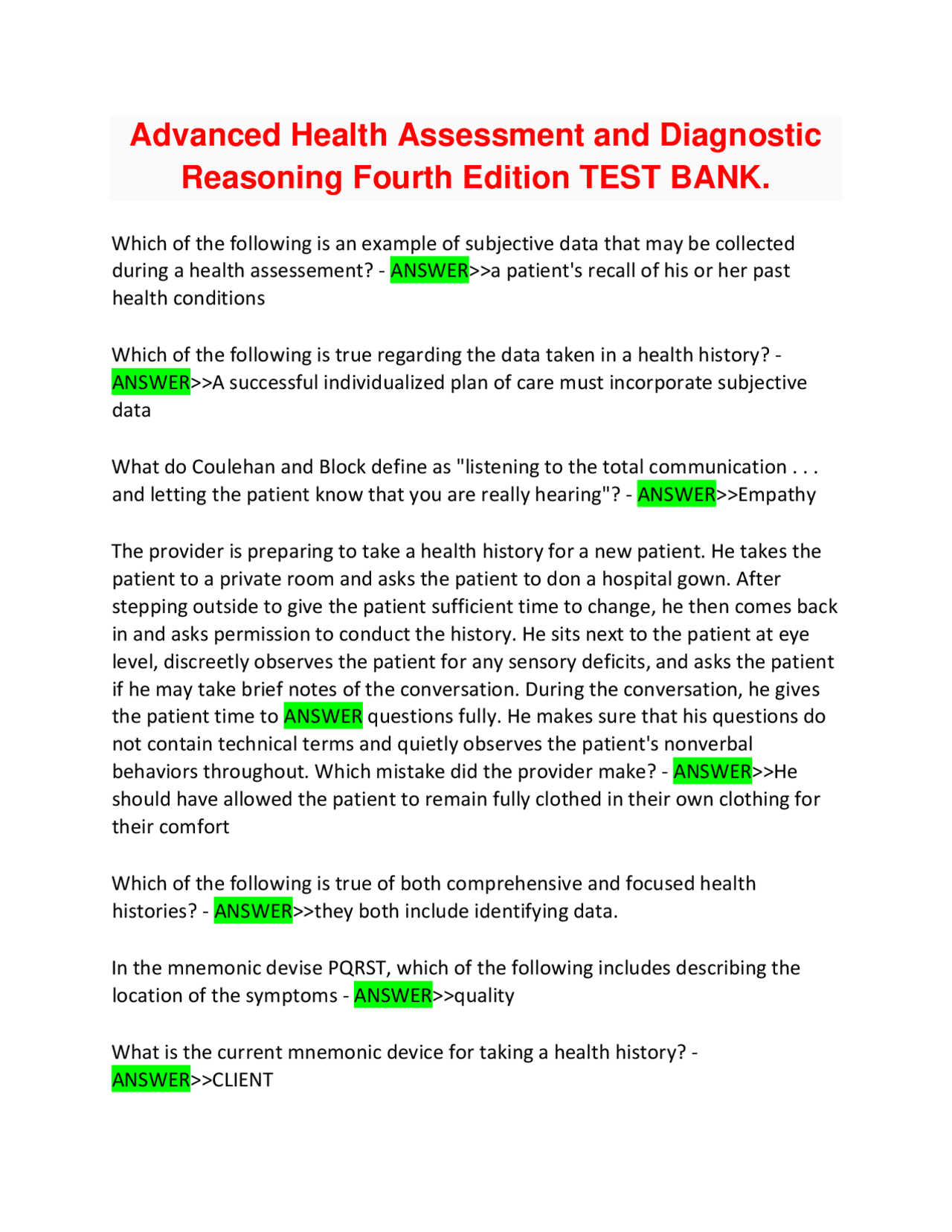 Advanced Health Assessment and Diagnostic Reasoning Fourth Edition TEST ...