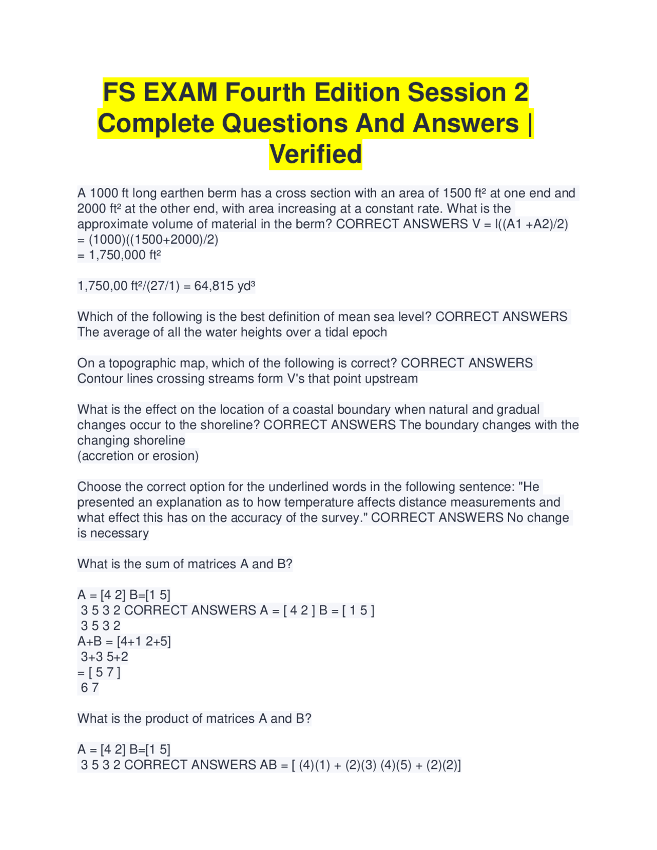 FS EXAM Fourth Edition Session 2 Complete Questions And Answers | Verified | Exams Advanced ...