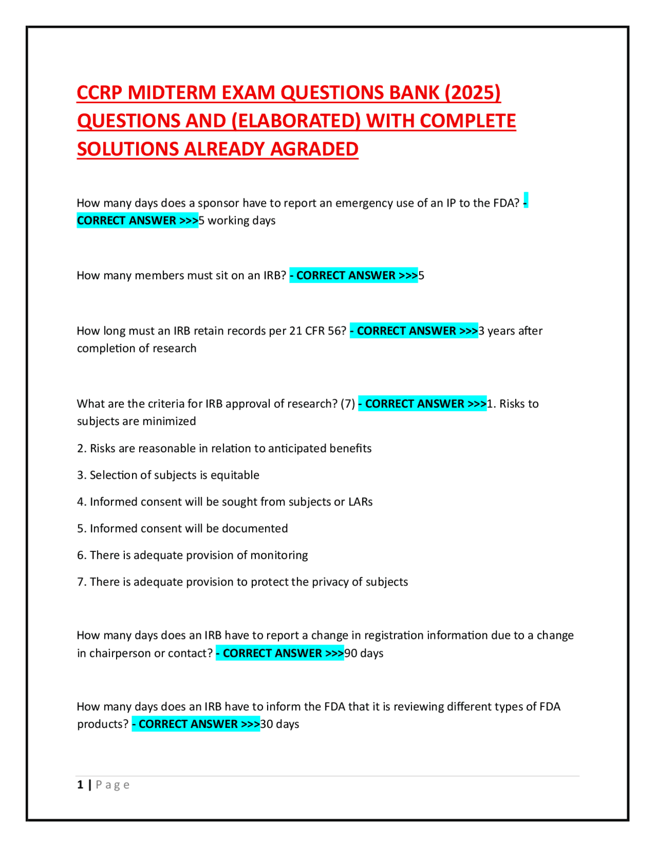 CCRP MIDTERM EXAM QUESTIONS BANK (2025) QUESTIONS AND (ELABORATED ...