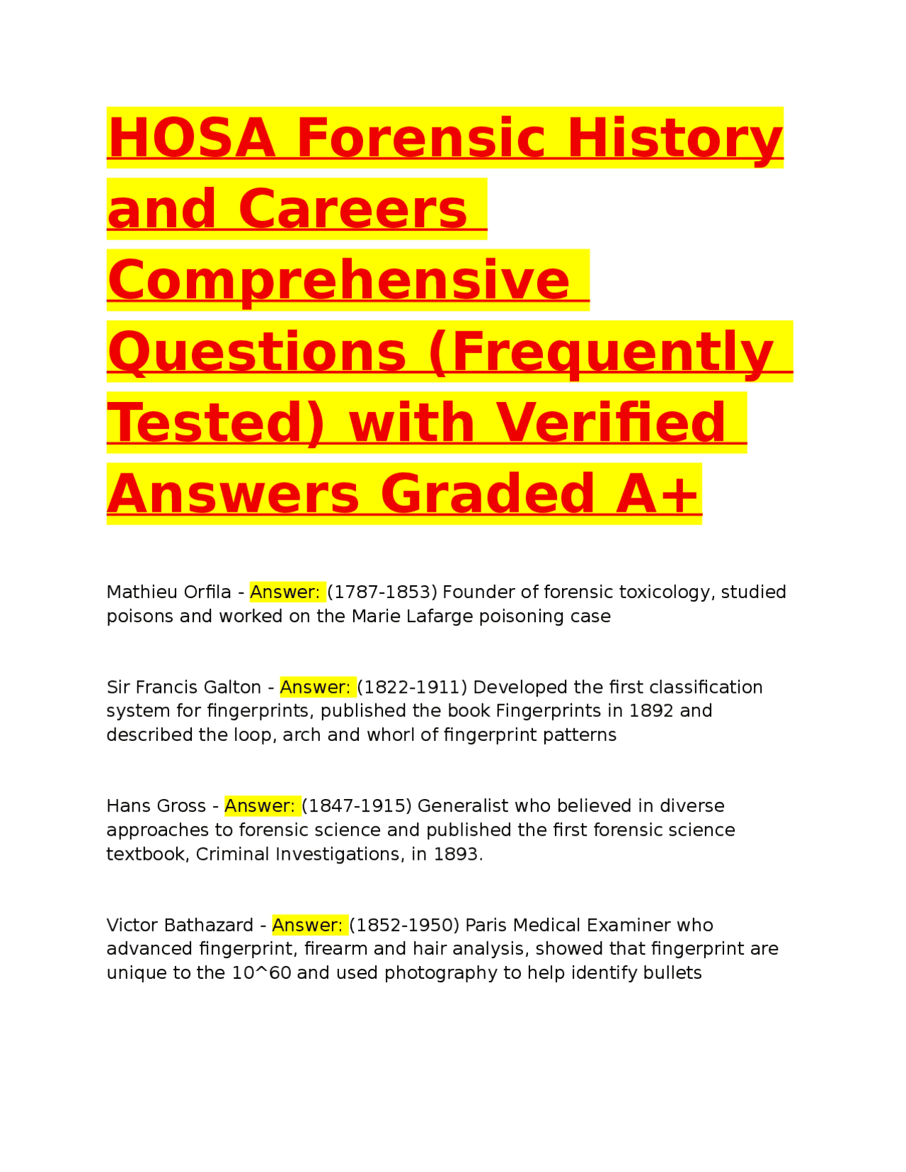 HOSA Forensic History and Careers Comprehensive Questions (Frequently ...