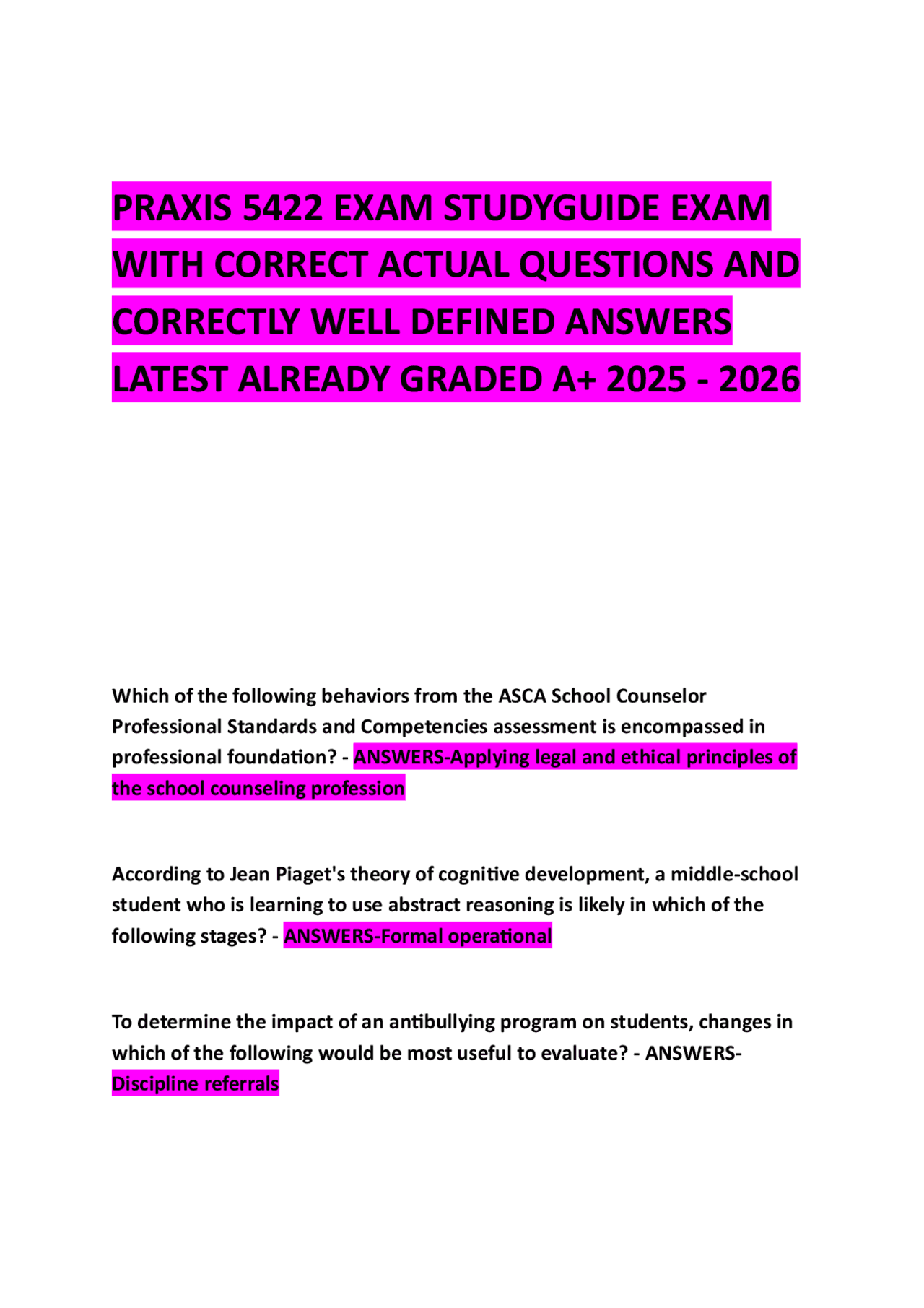 PRAXIS 5422 EXAM STUDYGUIDE EXAM WITH CORRECT ACTUAL QUESTIONS | Exams ...