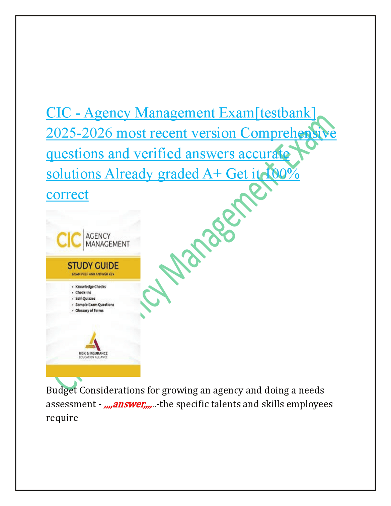 CIC - Agency Management Exam[testbank] 2025-2026 most recent version ...