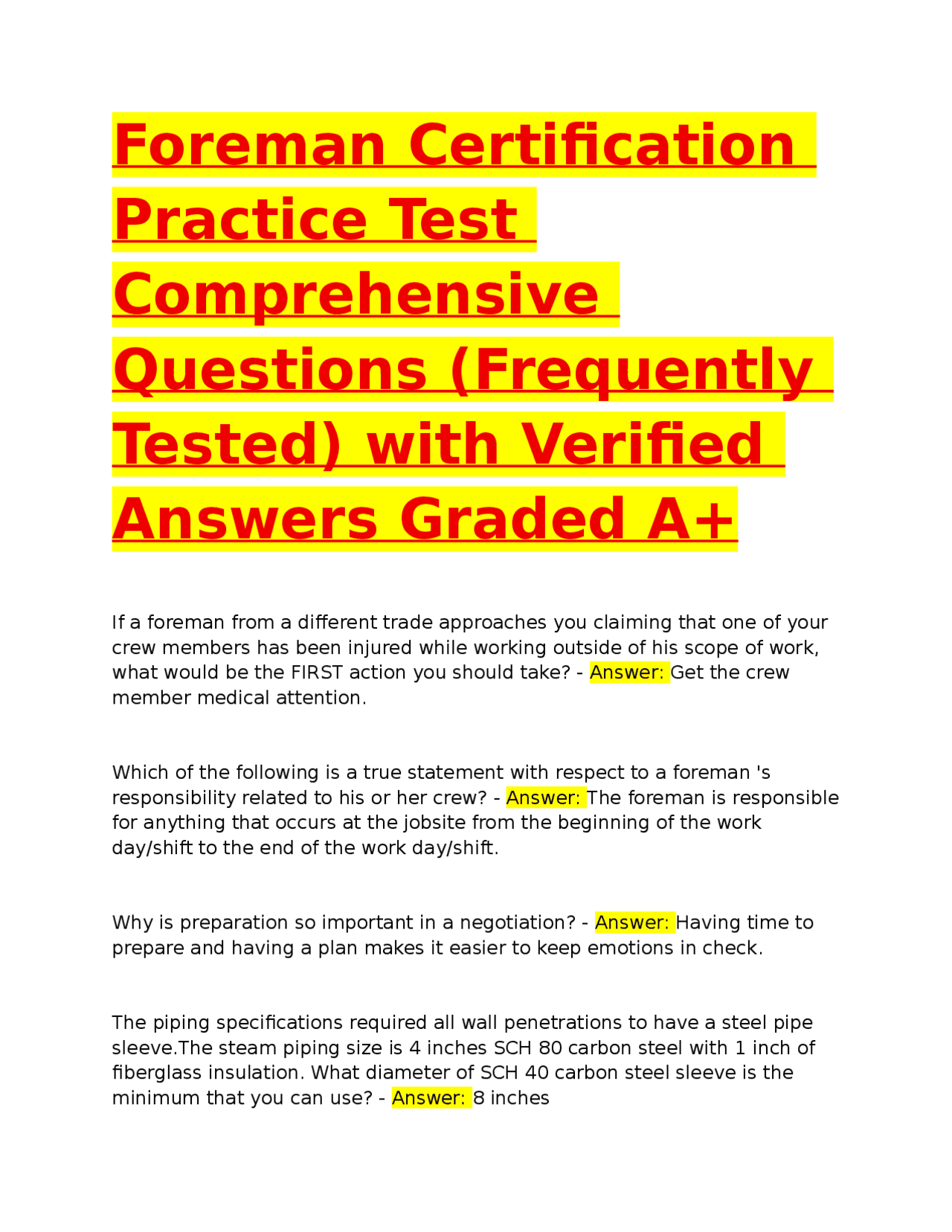 Foreman Certification Practice Test Comprehensive Questions (Frequently ...