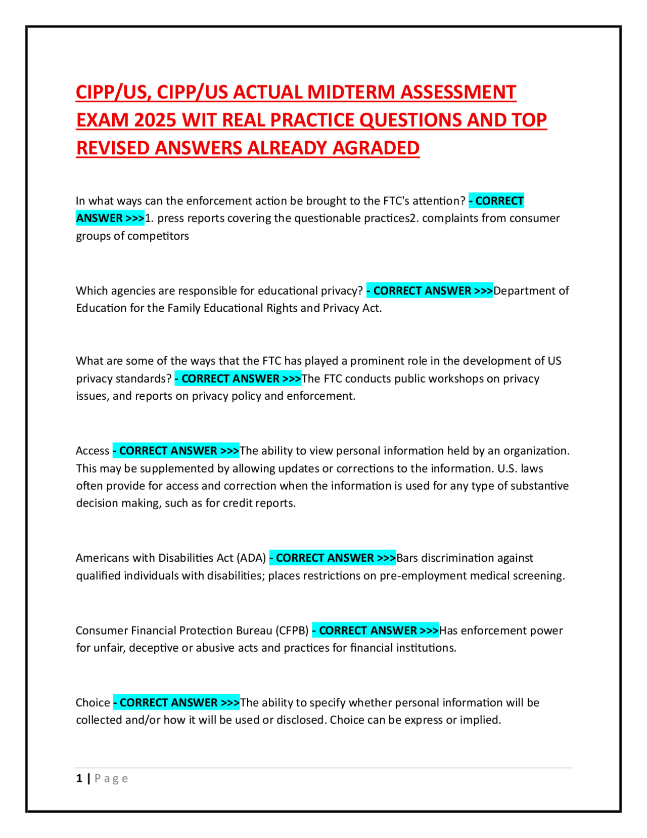 CIPP/US, CIPP/US ACTUAL MIDTERM ASSESSMENT EXAM 2025 WITH PRACTICE ...