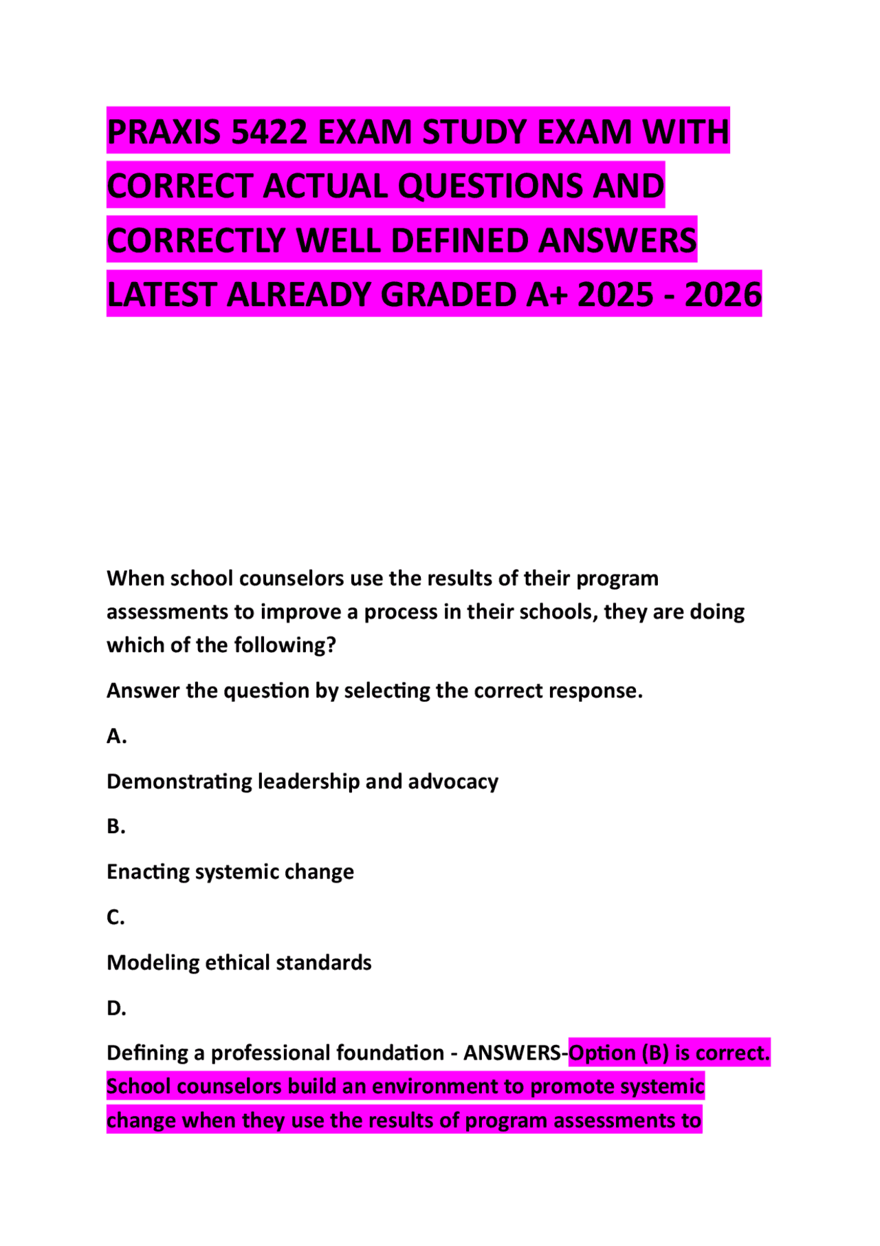 PRAXIS 5422 EXAM STUDY EXAM WITH CORRECT ACTUAL QUESTIONS | Exams ...