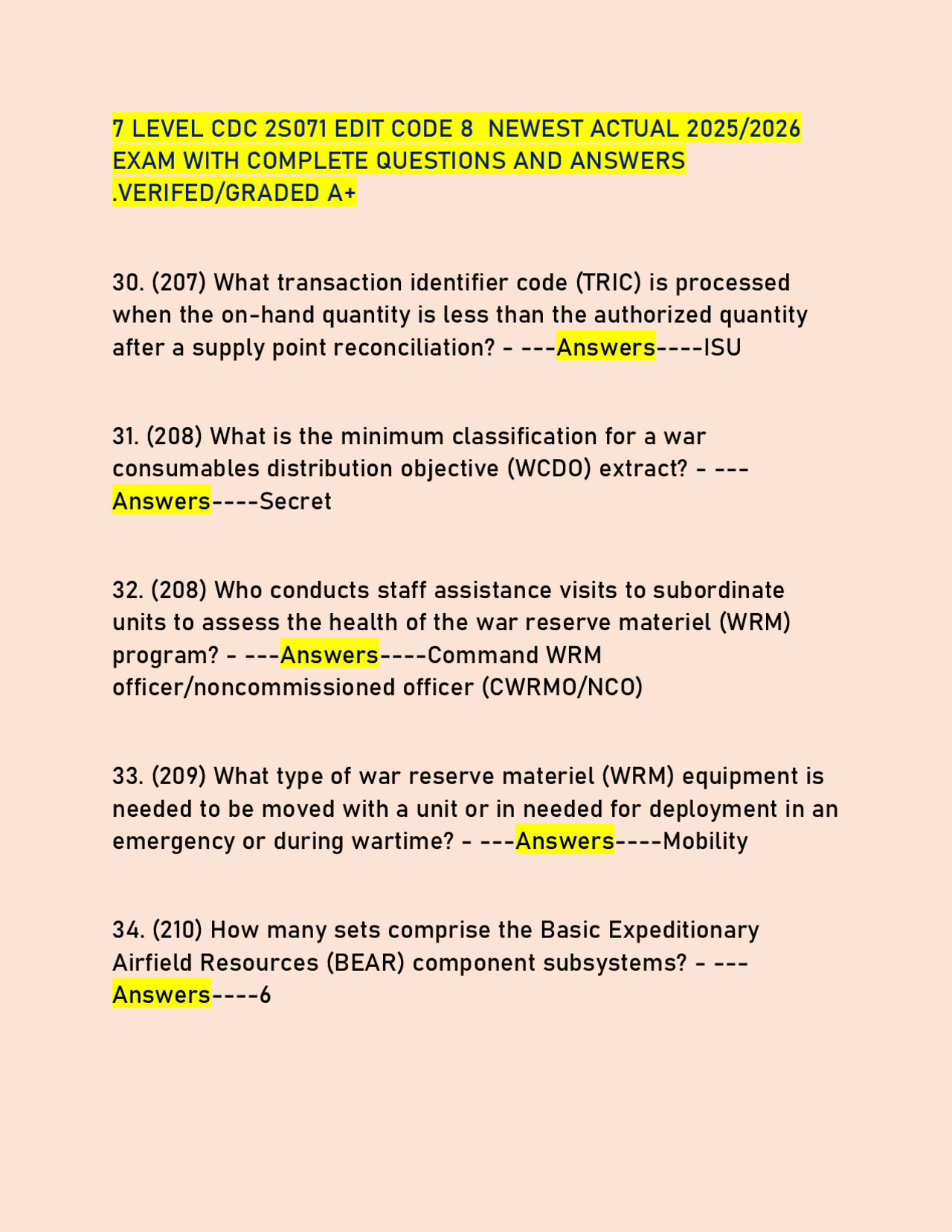 7 LEVEL CDC 2S071 EDIT CODE 8 NEWEST ACTUAL 2025/2026 EXAM WITH ...