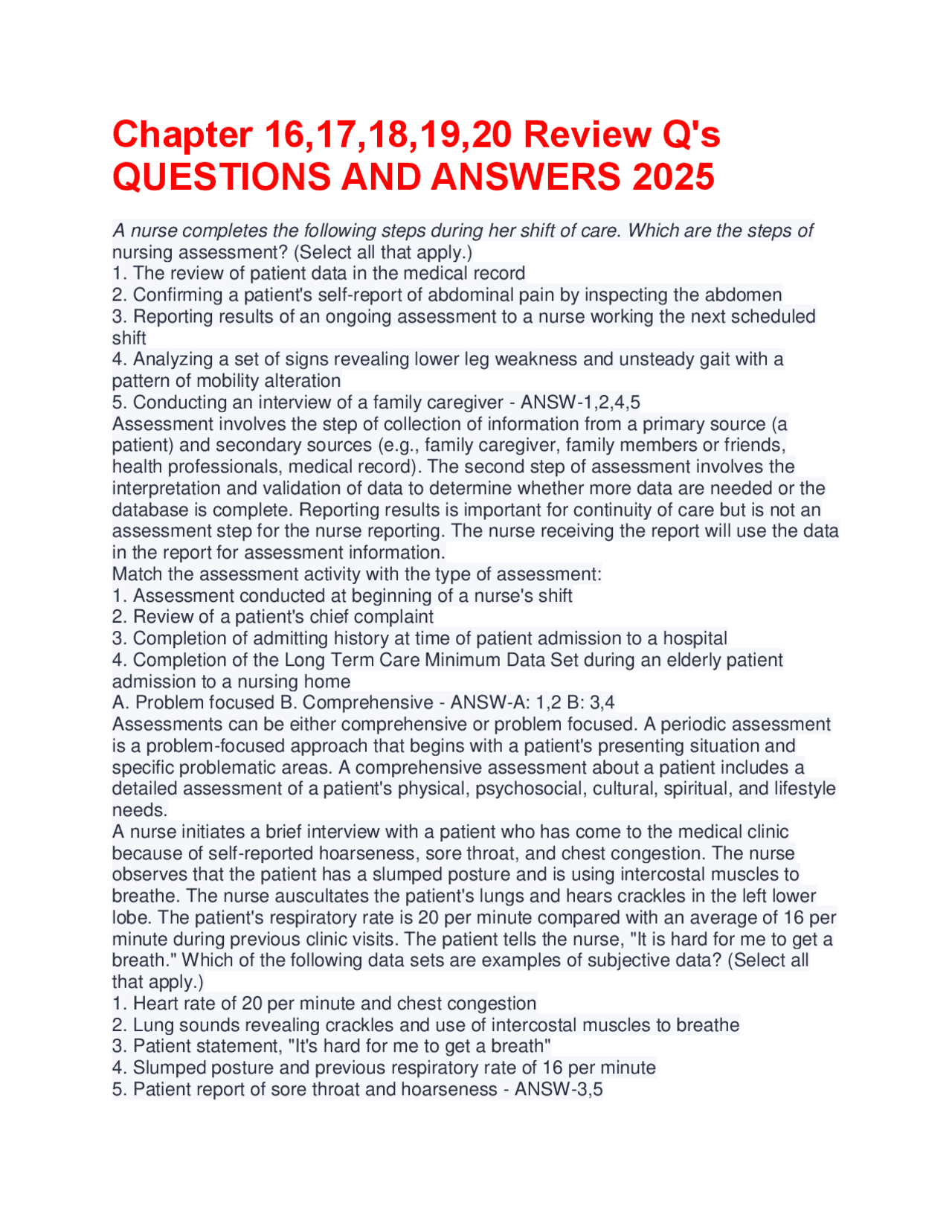 Chapter 16,17,18,19,20 Review Q's QUESTIONS AND ANSWERS 2025 | Exams ...