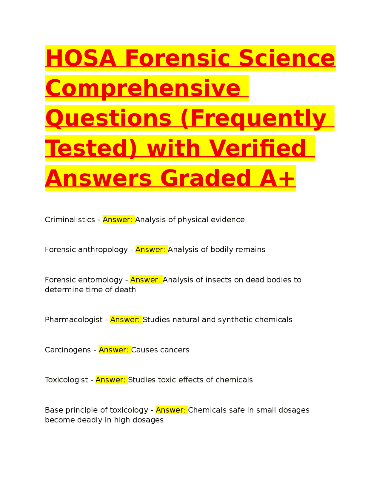 HOSA Forensic Science Comprehensive Questions (Frequently Tested) with ...