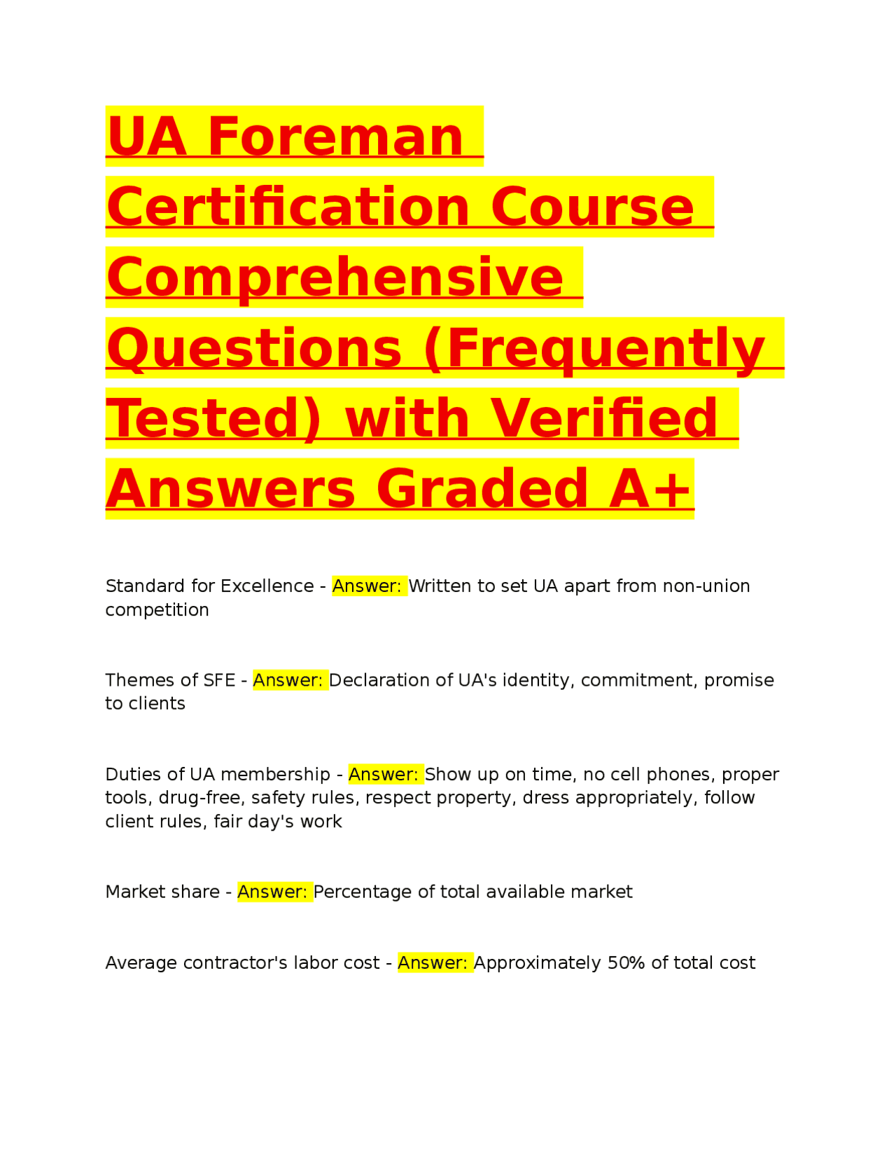 UA Foreman Certification Course Comprehensive Questions (Frequently ...