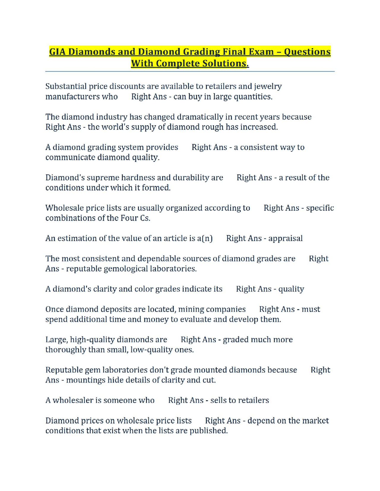 GIA Diamonds and Diamond Grading Final Exam – Questions With Complete ...