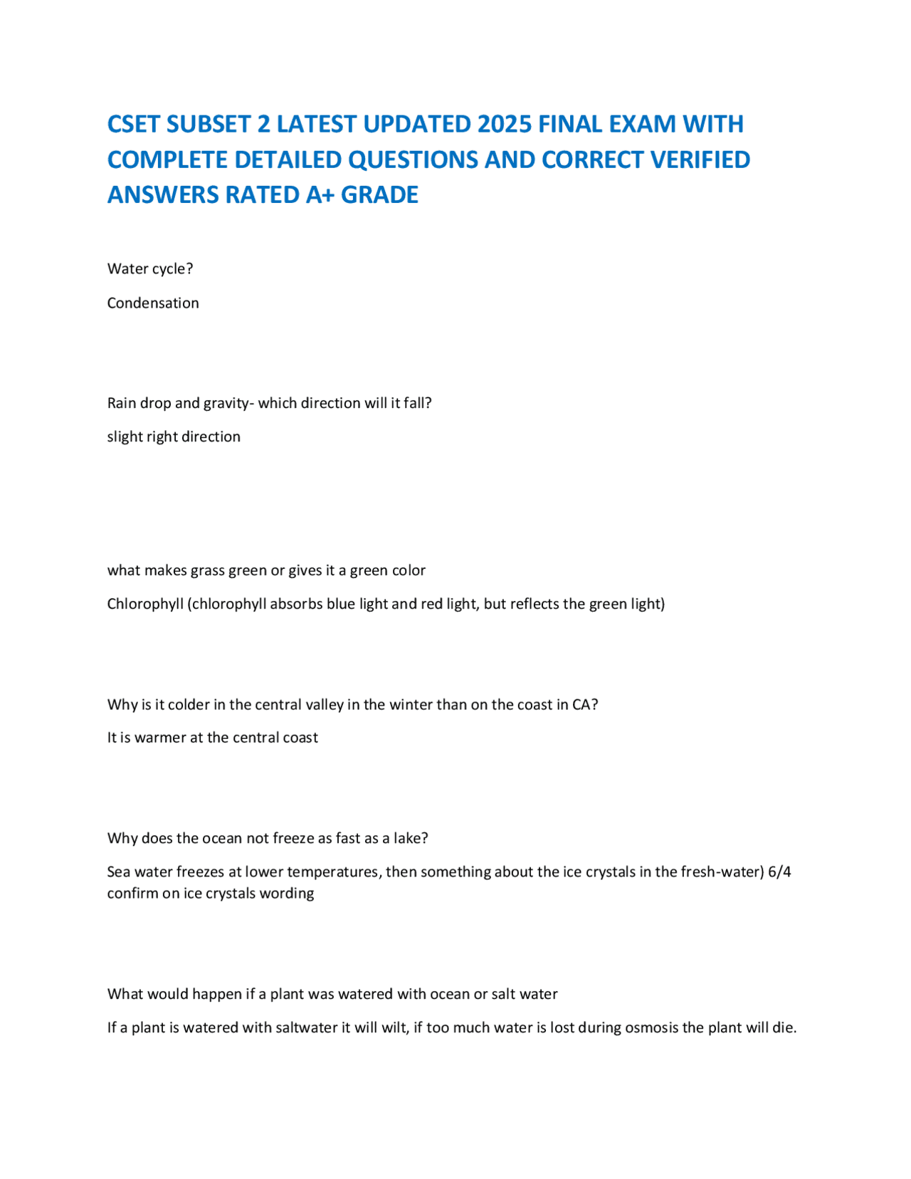 CSET SUBSET 2 LATEST UPDATED 2025 FINAL EXAM WITH COMPLETE DETAILED ...