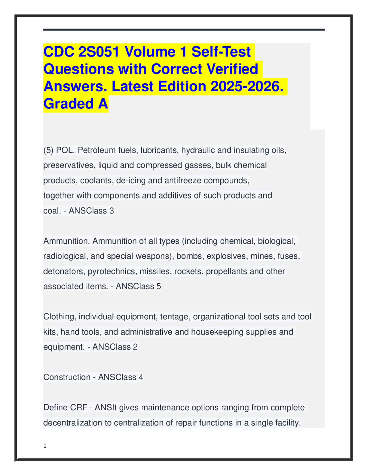 CDC 2S051 Volume 1 Self-Test Questions & Correct Answers. Latest 2025 ...