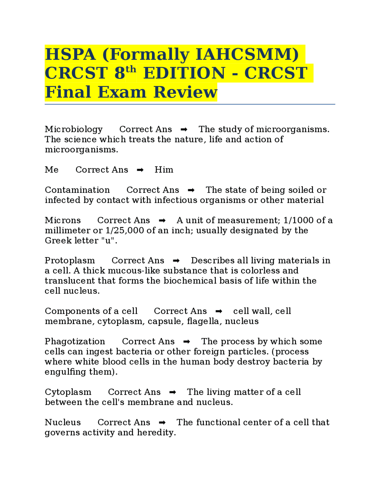 HSPA (Formally IAHCSMM) CRCST 8th EDITION - CRCST Final Exam Review | Exams Public Health | Docsity