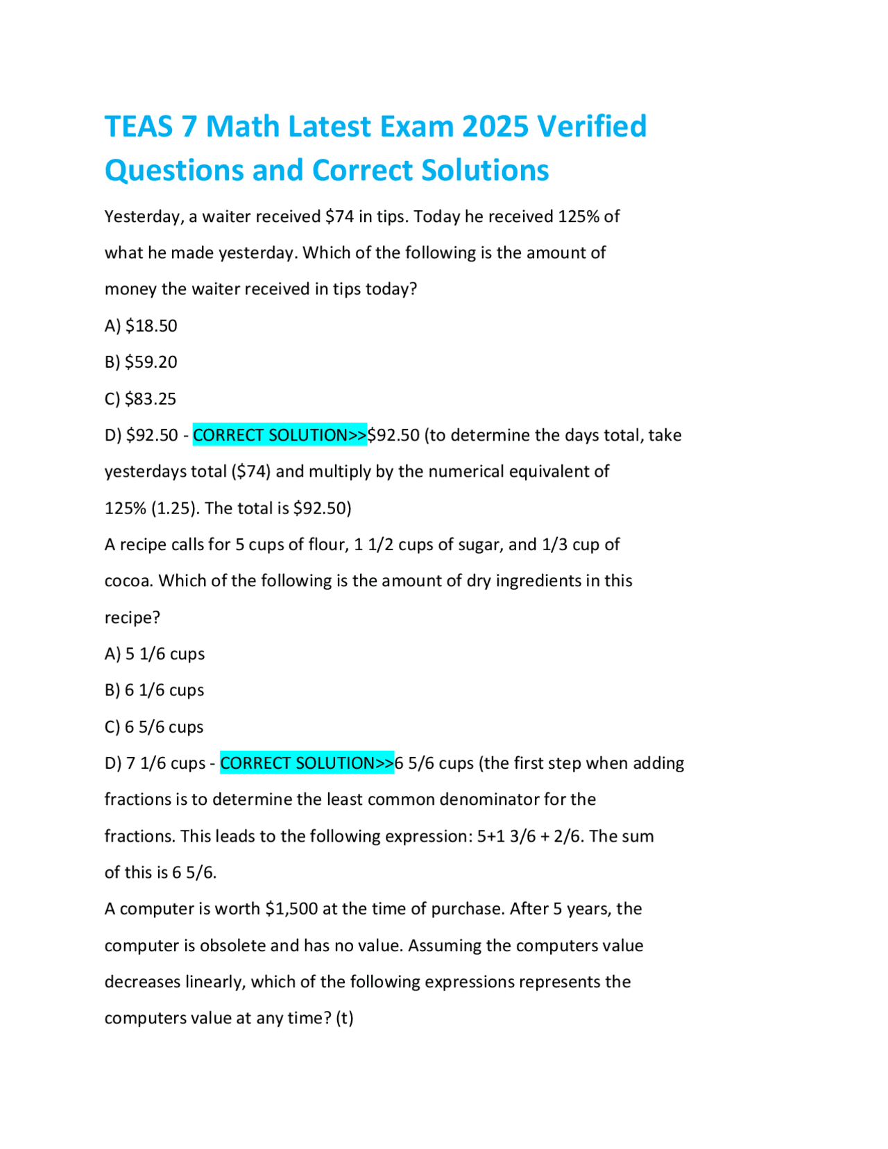 TEAS 7 MATH LATEST EXAM 2025 VERIFIED QUESTIONS AND CORRECT SOLUTIONS ...