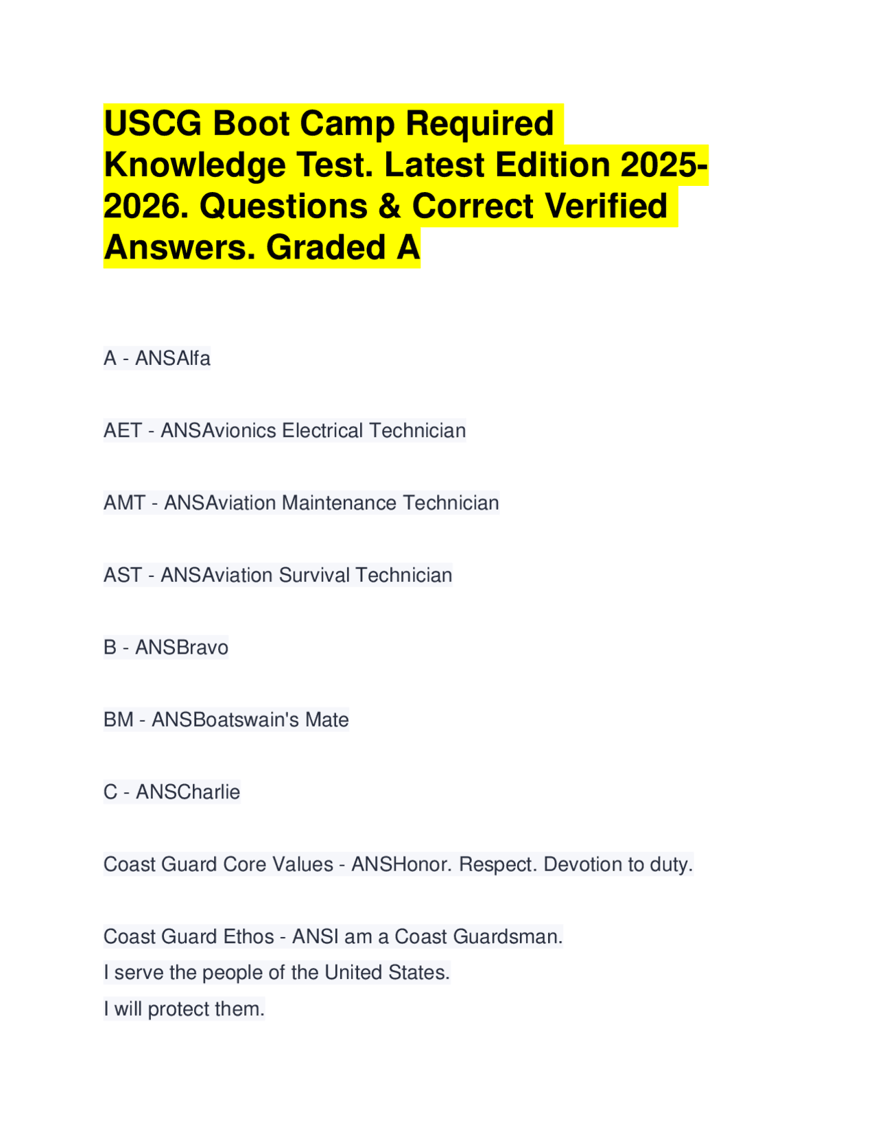 USCG Boot Camp Required Knowledge Test. Latest 2025-2026. Questions ...