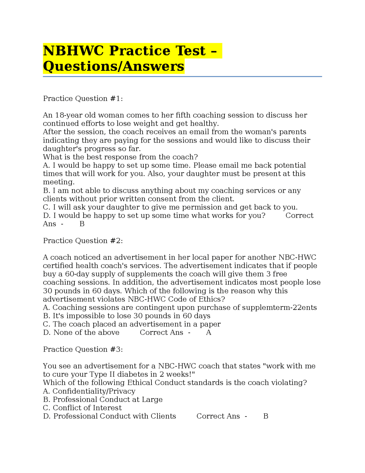 NBHWC Practice Test – Questions/Answers | Exams Public Health | Docsity