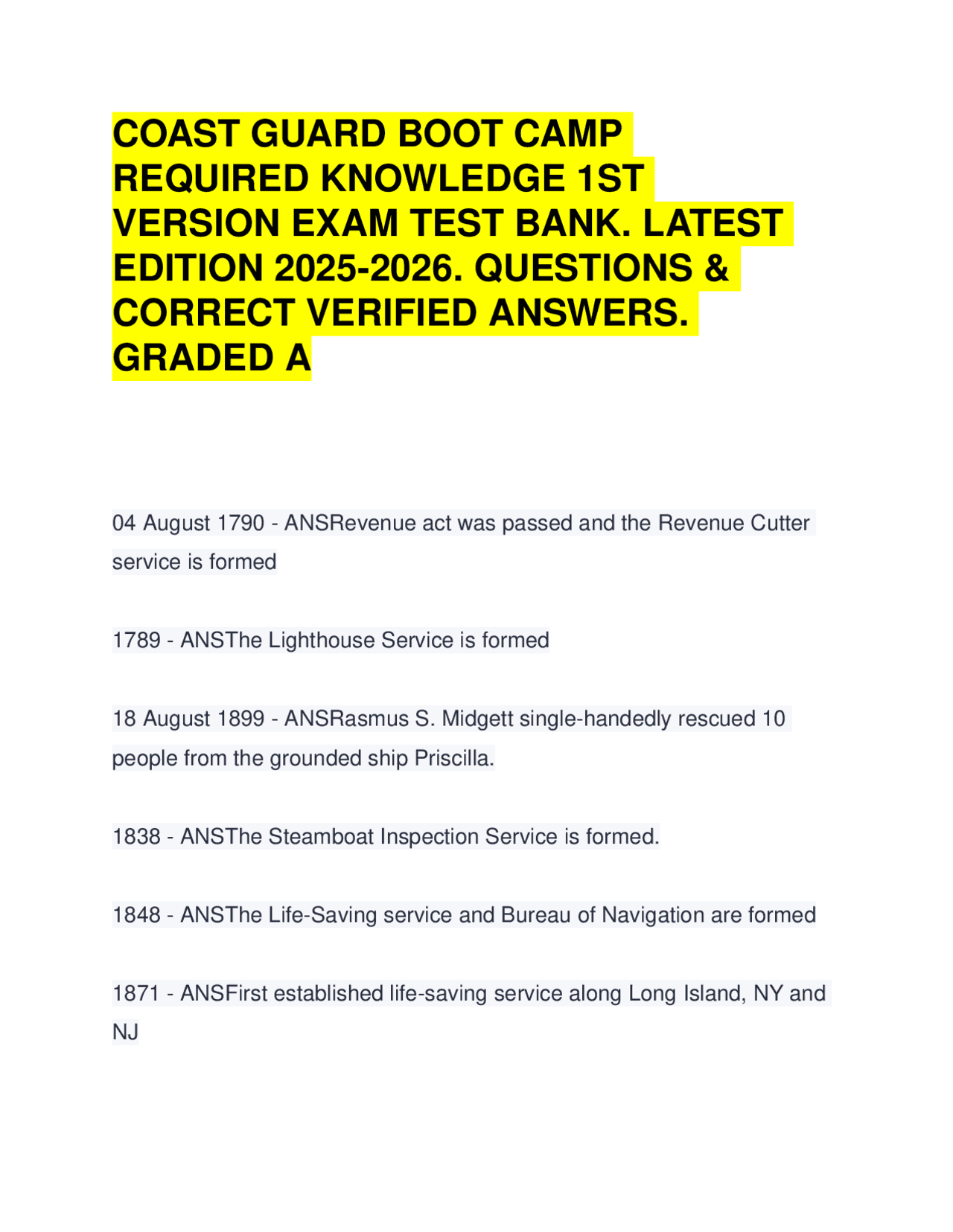 COAST GUARD BOOT CAMP REQUIRED KNOWLEDGE 1ST VERSION EXAM TEST BANK ...