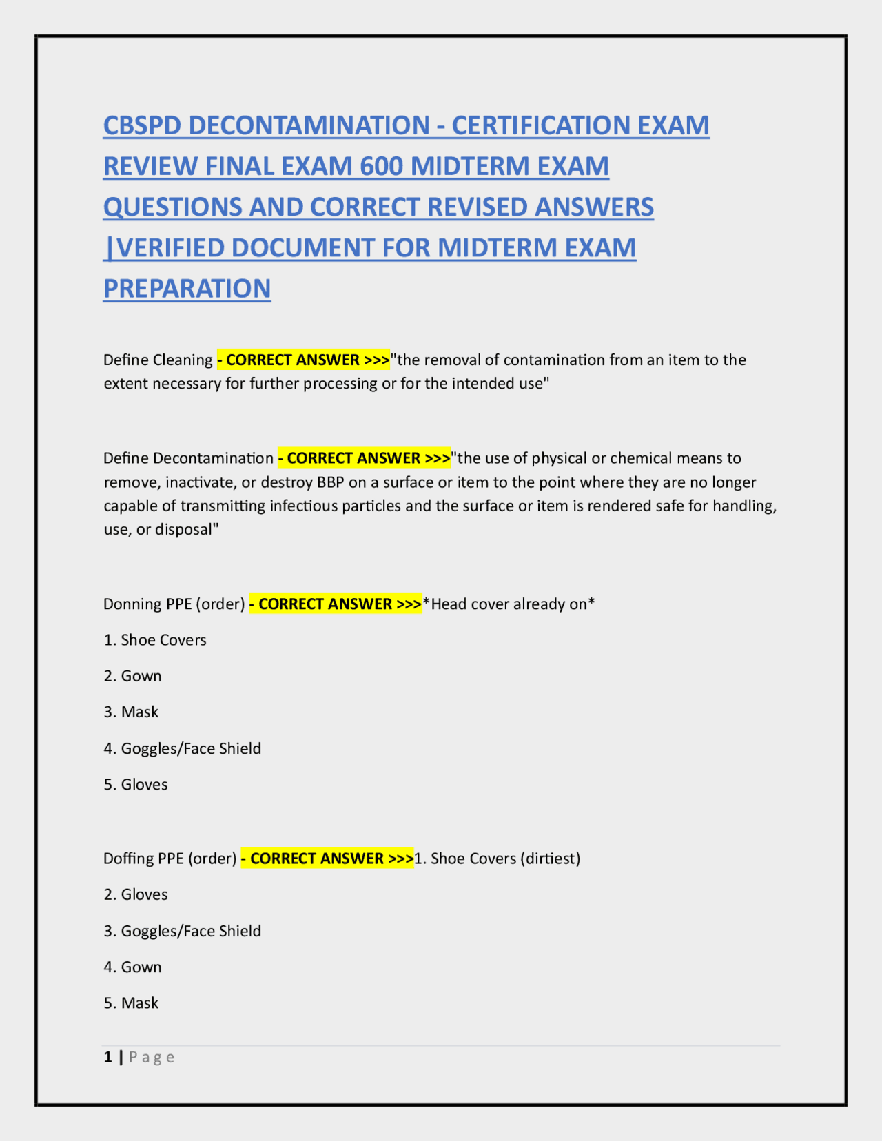 CBSPD DECONTAMINATION - CERTIFICATION EXAM REVIEW FINAL EXAM | Exams ...