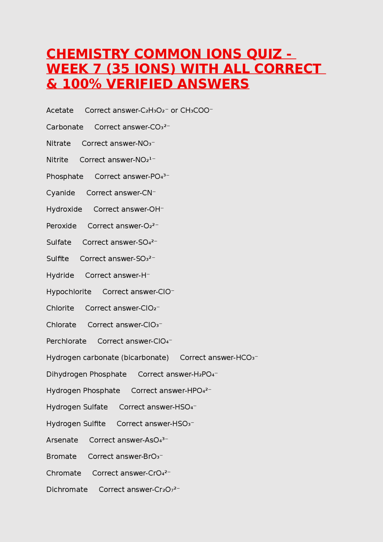 CHEMISTRY COMMON IONS QUIZ - WEEK 7 (35 IONS) WITH ALL CORRECT & 100% ...
