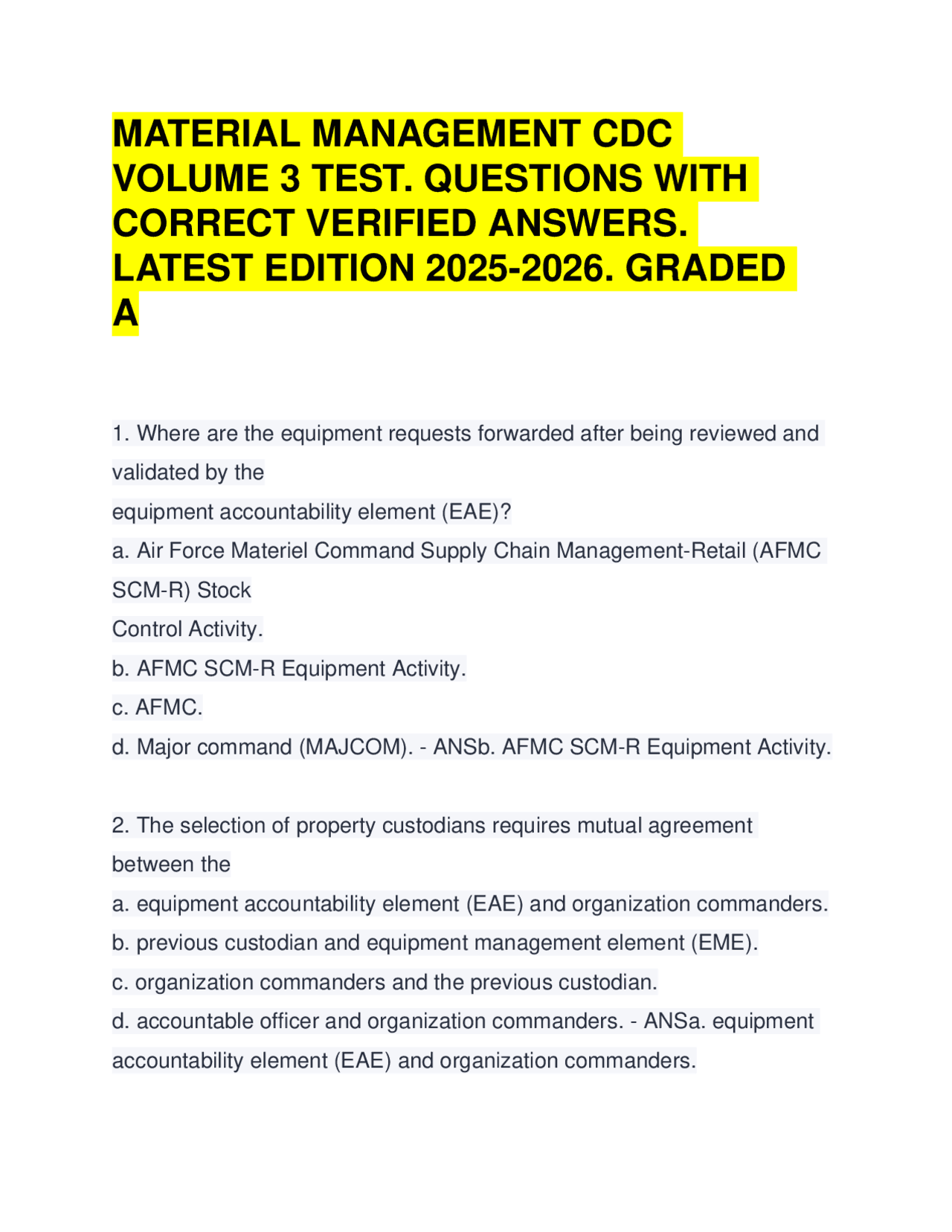 MATERIAL MANAGEMENT CDC VOLUME 3 TEST. QUESTIONS WITH CORRECT ANSWERS ...