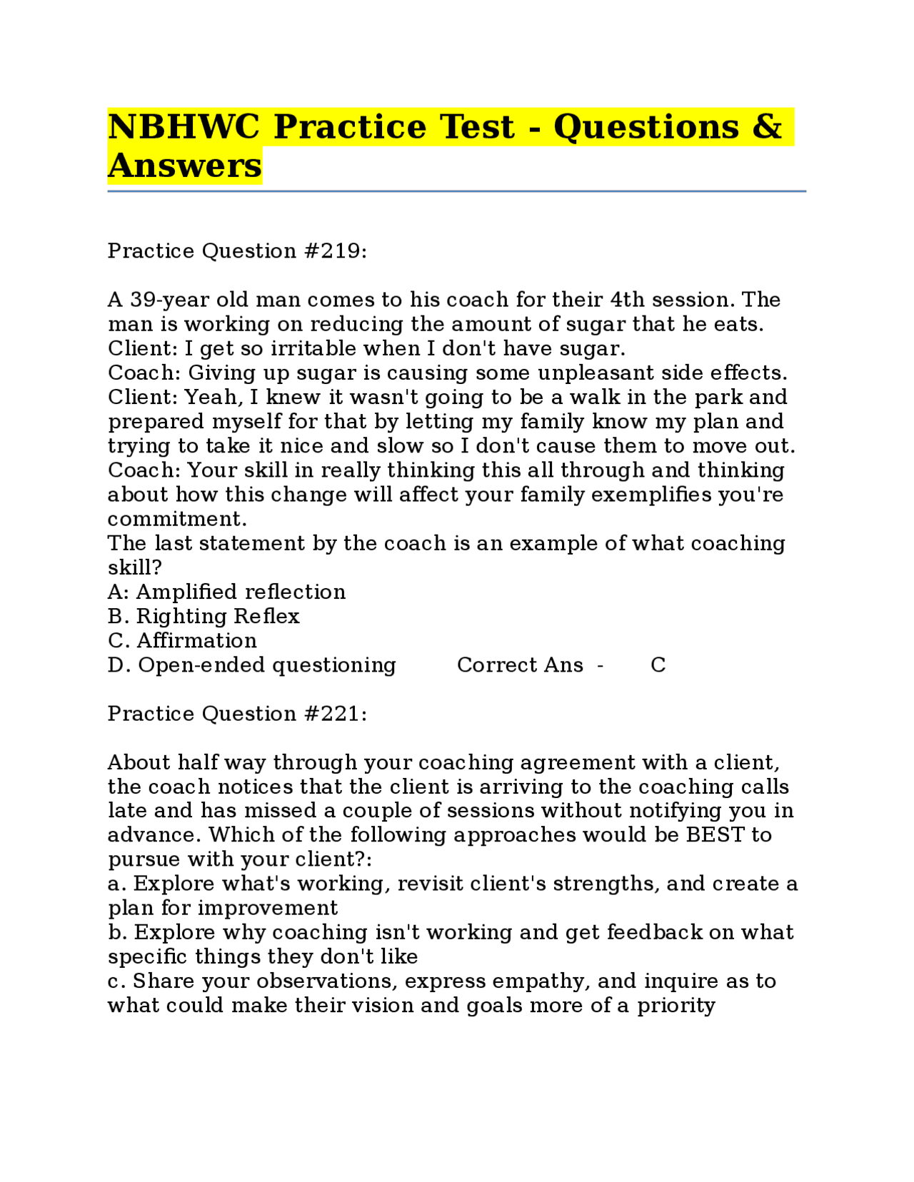 NBHWC Practice Test - Questions & Answers | Exams Public Health | Docsity