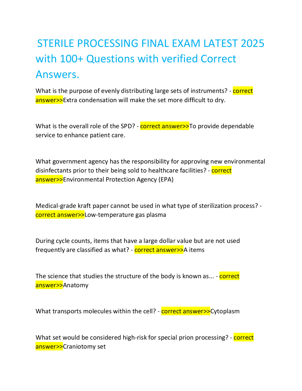 STERILE PROCESSING FINAL EXAM LATEST 2025 WITH 100+ QUESTIONS WITH ...